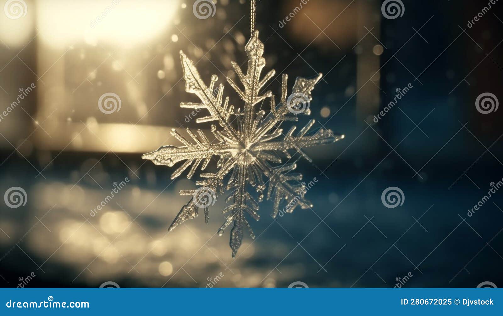 Shiny Snowflake Decoration Illuminates Dark Winter Night Outdoors ...