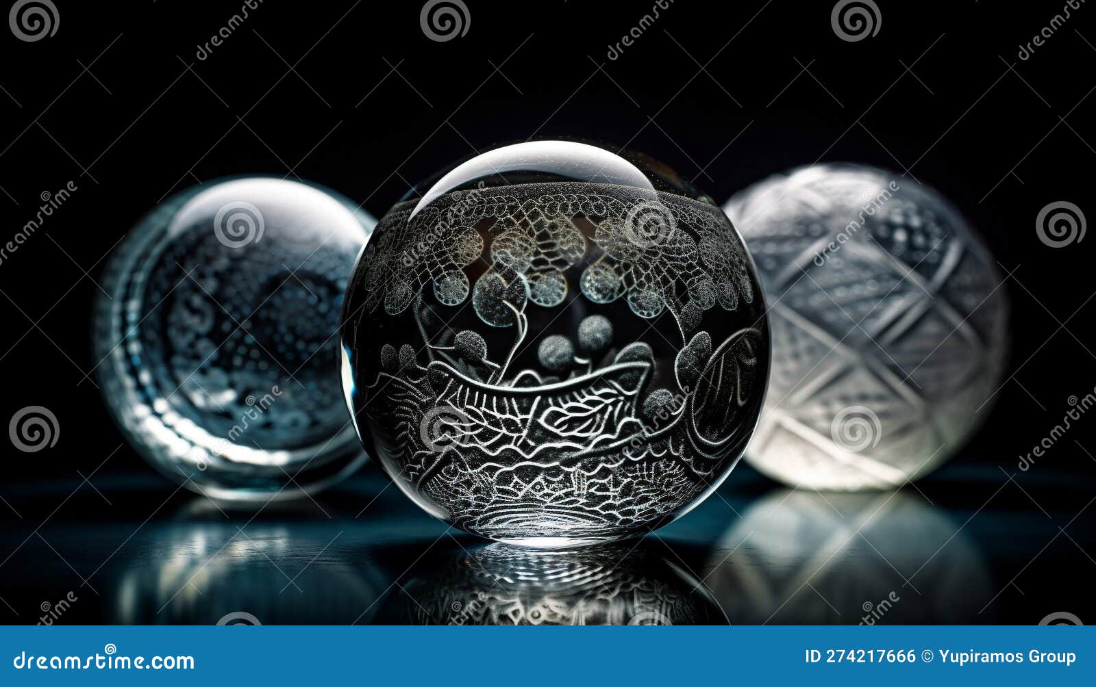 Shiny Sphere on Glass Table Reflects Patterns Abstractly Generated by ...