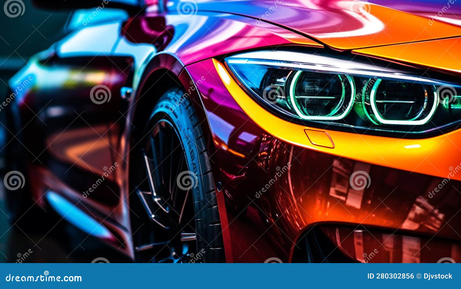 Shiny Sports Car with Modern Design, Illuminated by Bright Headlights ...