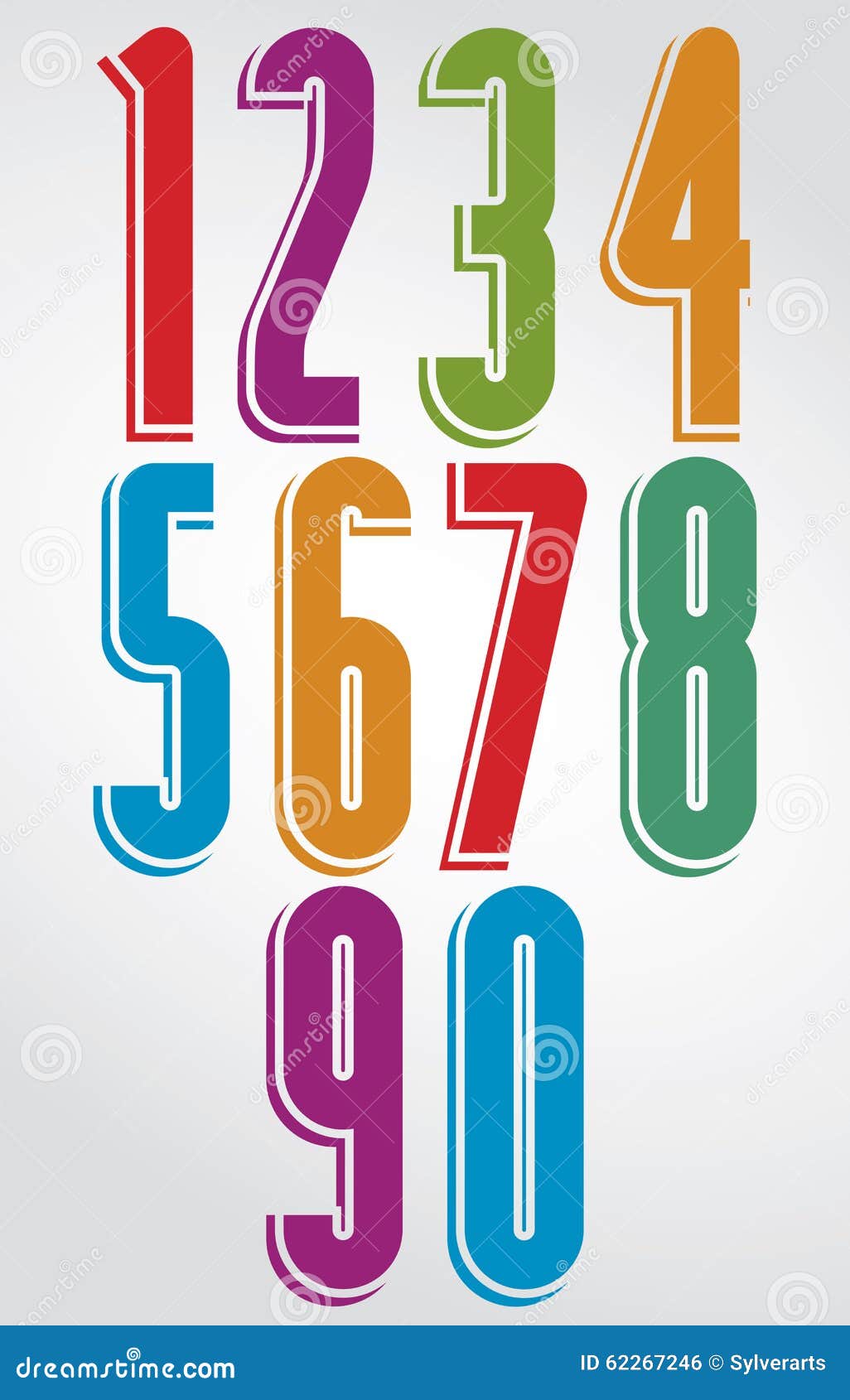 Rounded Tall Cartoon Numbers With White Outline. Vector Illustration ...