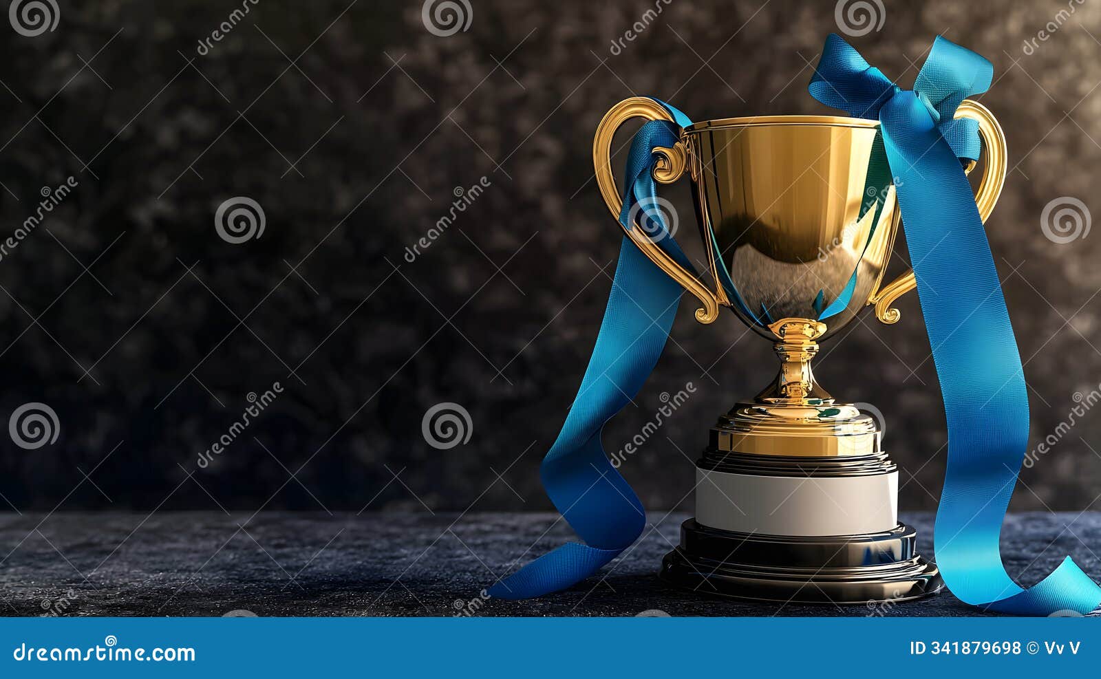 Shiny Trophy with Blue Ribbon on Dark Background Stock Photo - Image of ...
