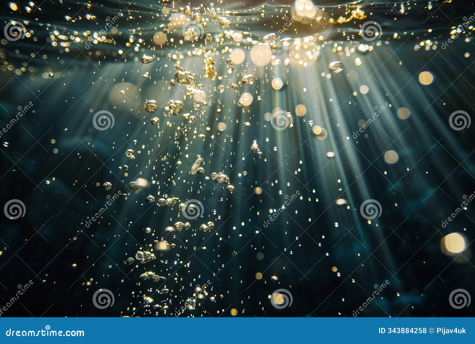 Shiny Underwater Air Bubbles Rising With Illuminated Rays Of Light ...