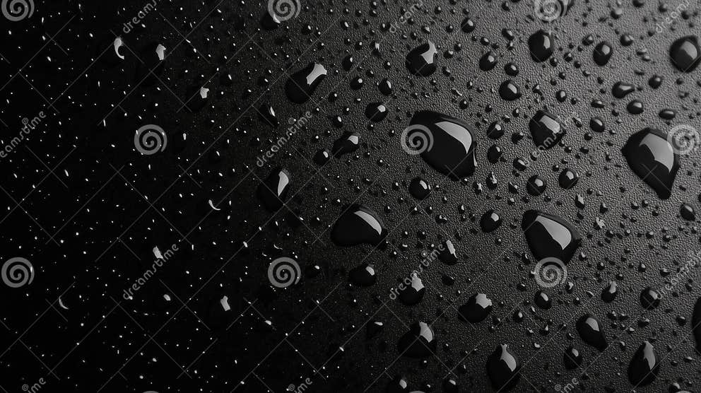 Shiny Water Droplets on a Black Textured Surface Stock Photo - Image of ...