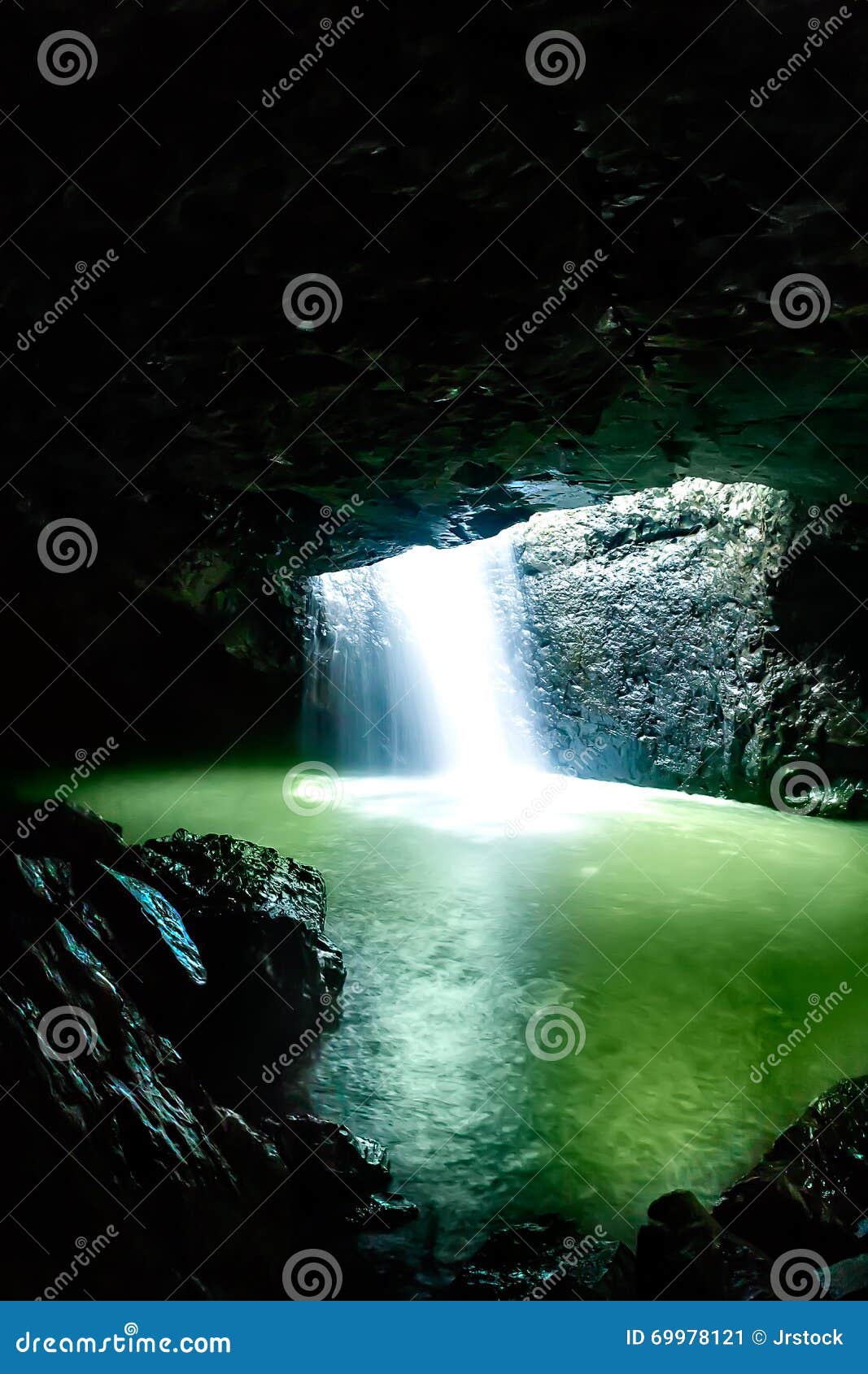 Shiny Waterfall Flows in the Dark Stone Cave Stock Image - Image of ...