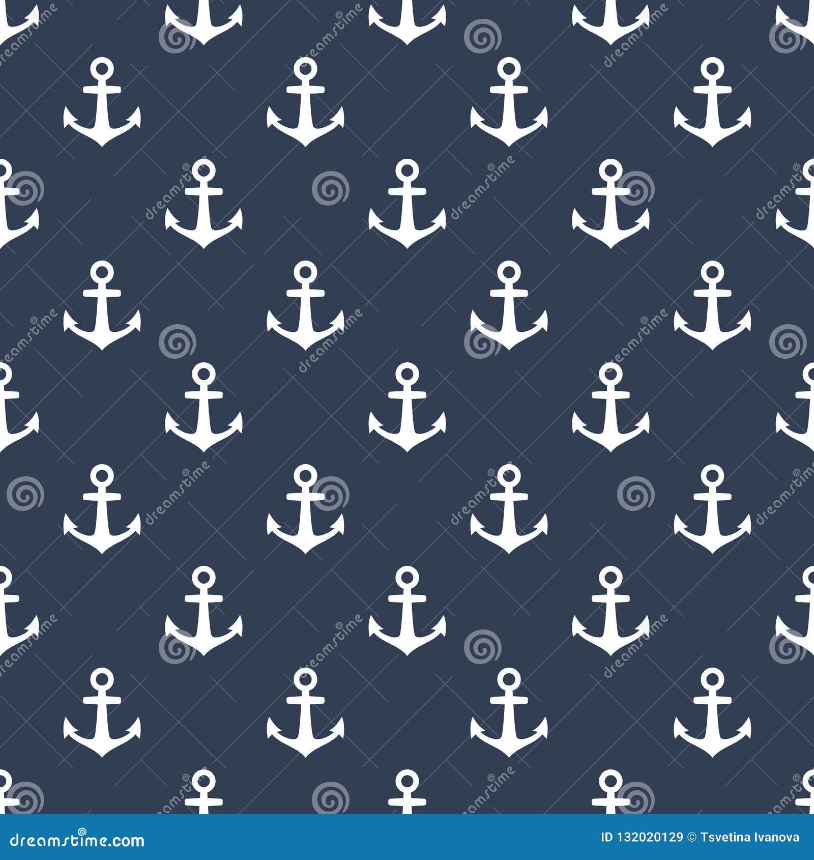 Ship Anchor Seamless Pattern Print. White Anchor On Blue Background ...