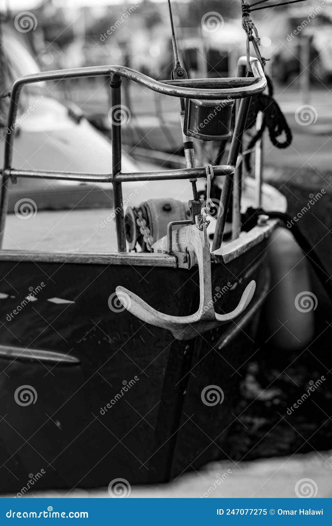 Ship Anchor of a Small Boat.in Black and White Stock Image - Image of ...