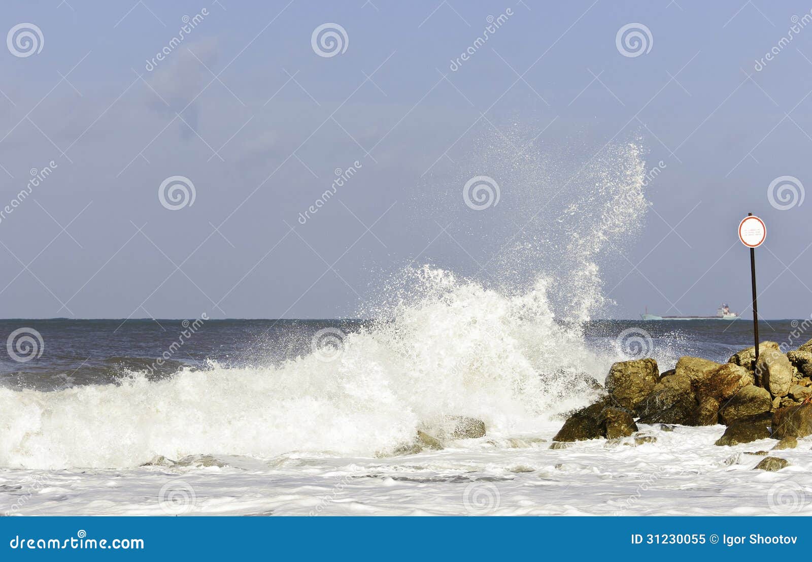 Ship on a Background of the Waves Breaking about a Breakwater Stock ...