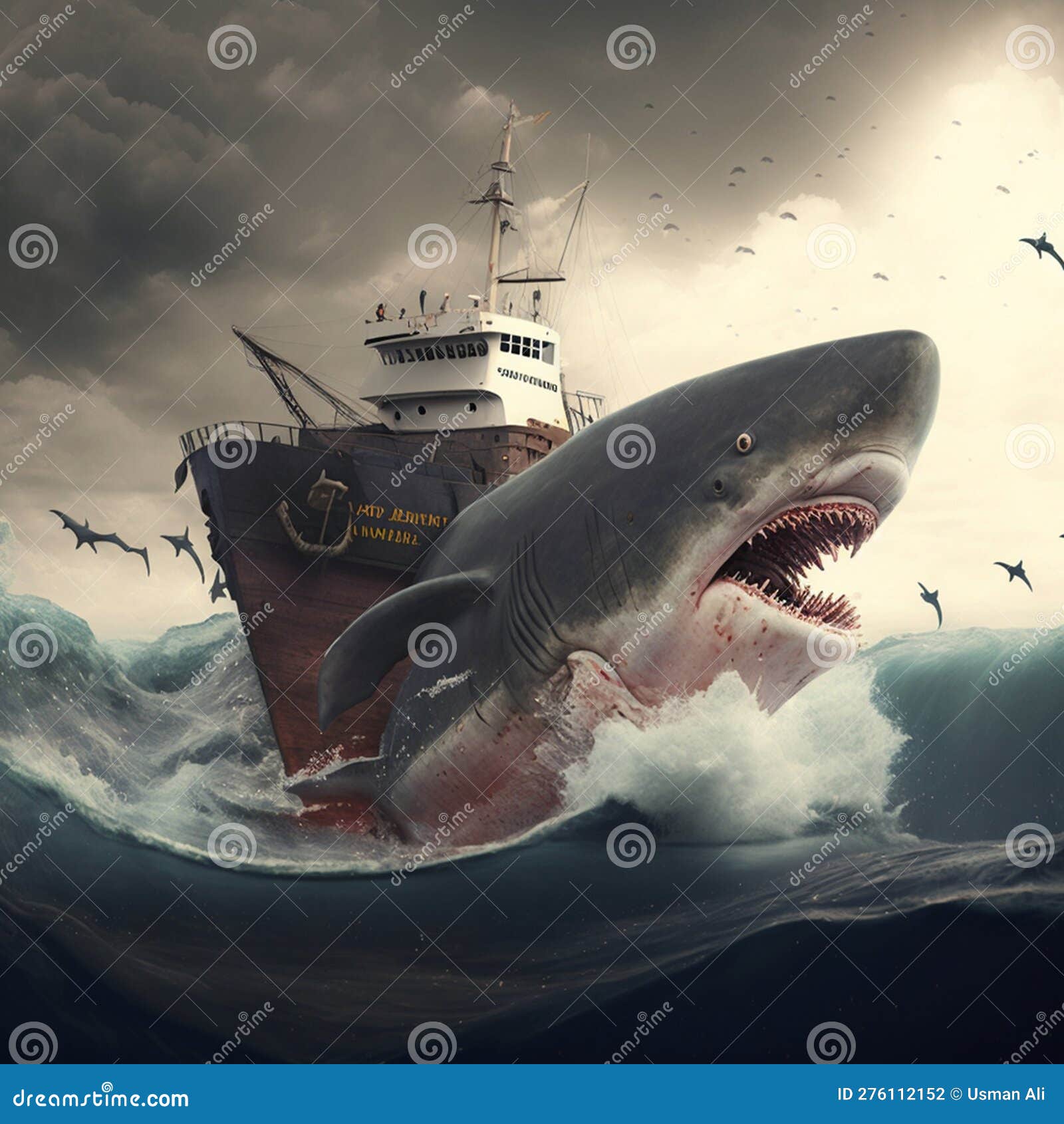 A Ship Being Attacked by a Shark. AI Stock Illustration - Illustration ...