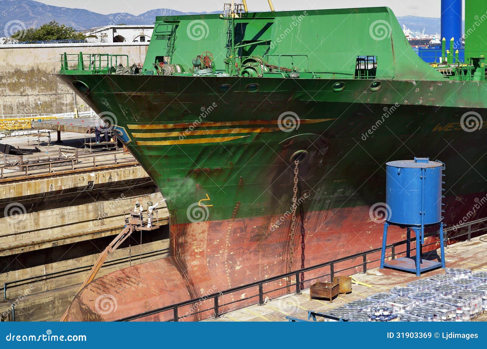 Ship Being Cleaned in Drydock Stock Image - Image of steel, cargo: 31903369