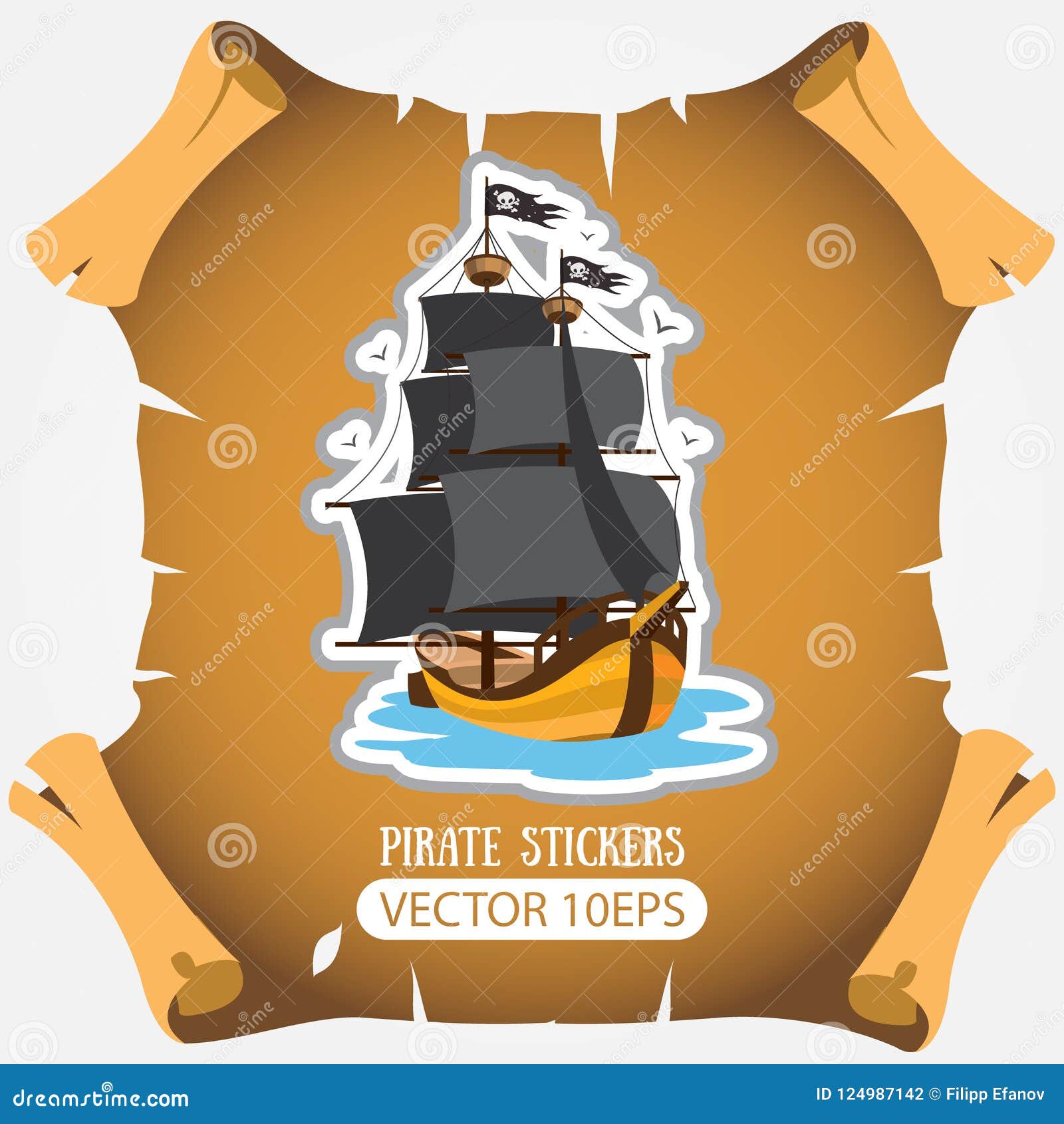 Ship with Black Sails. Vector Stickers on the Pirate Theme Stock ...