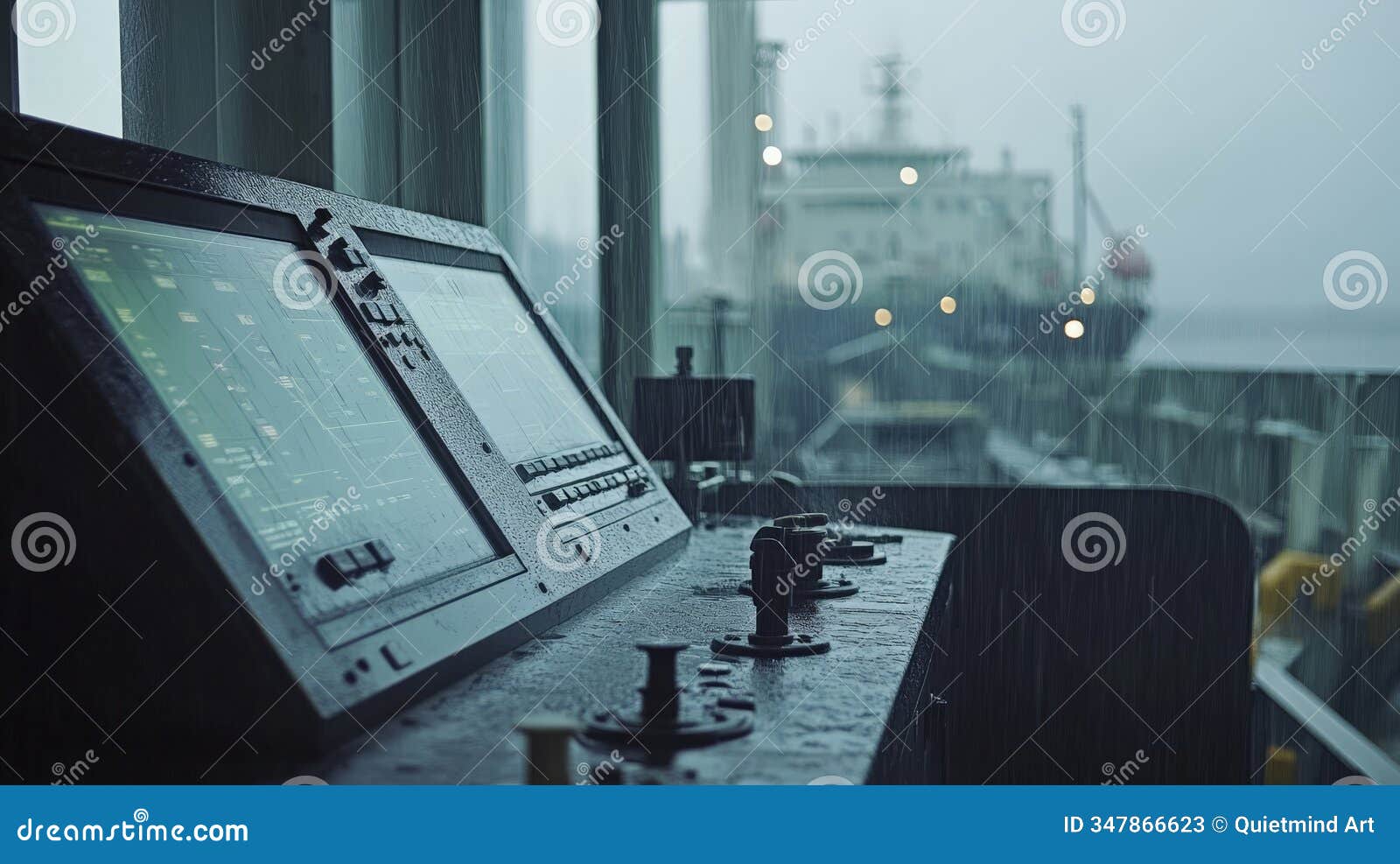 Ship Bridge Control Panel in Rainy Weather with Blurred Cargo Ship in ...