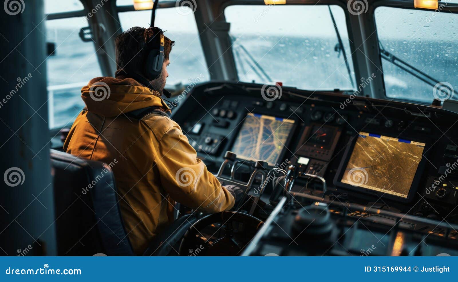 A Ship Captain Consulting a Navigation System that Utilizes Satellite ...