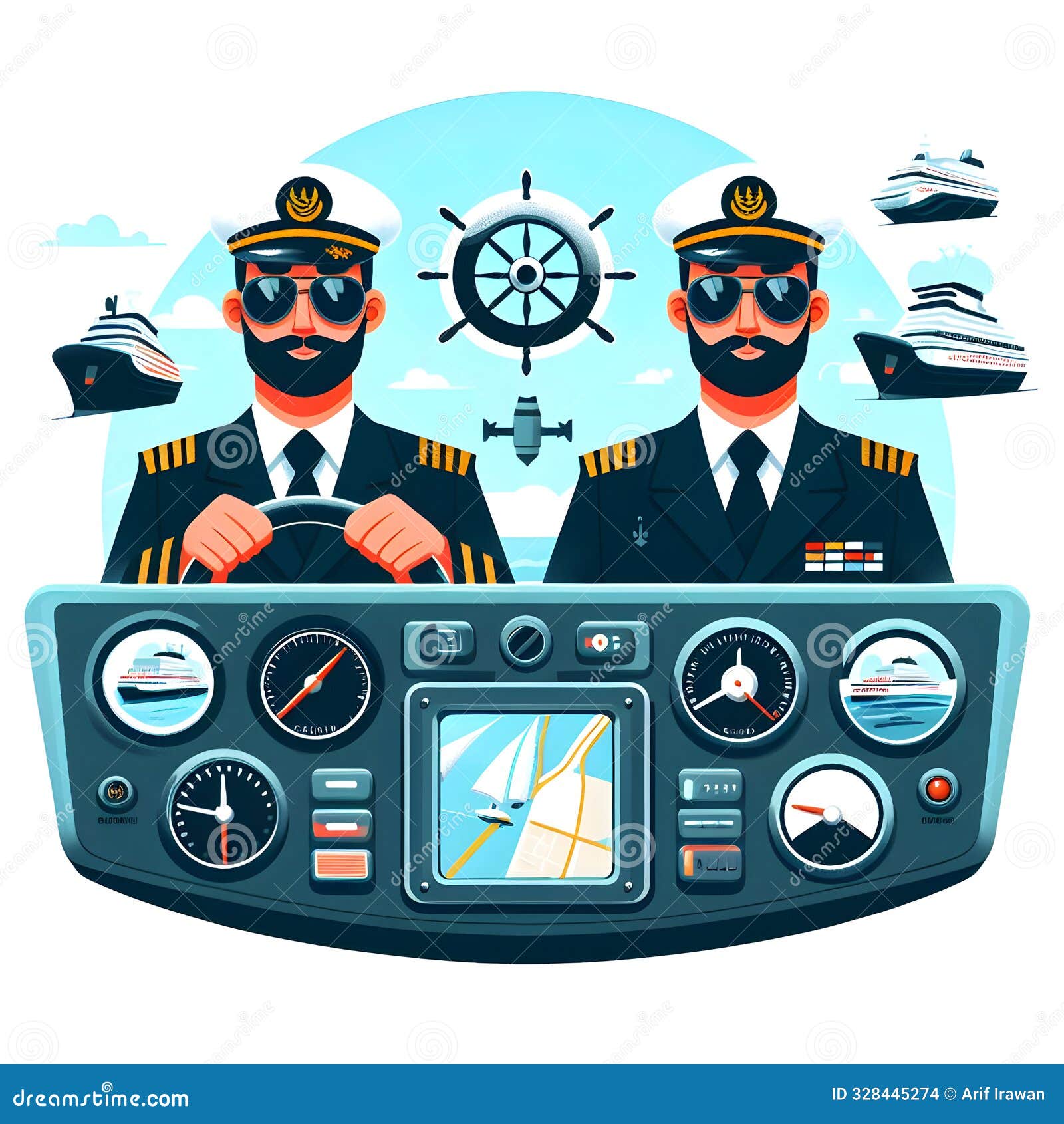A Ship Captain Using a Binoculars in Navigation Room Stock Illustration ...