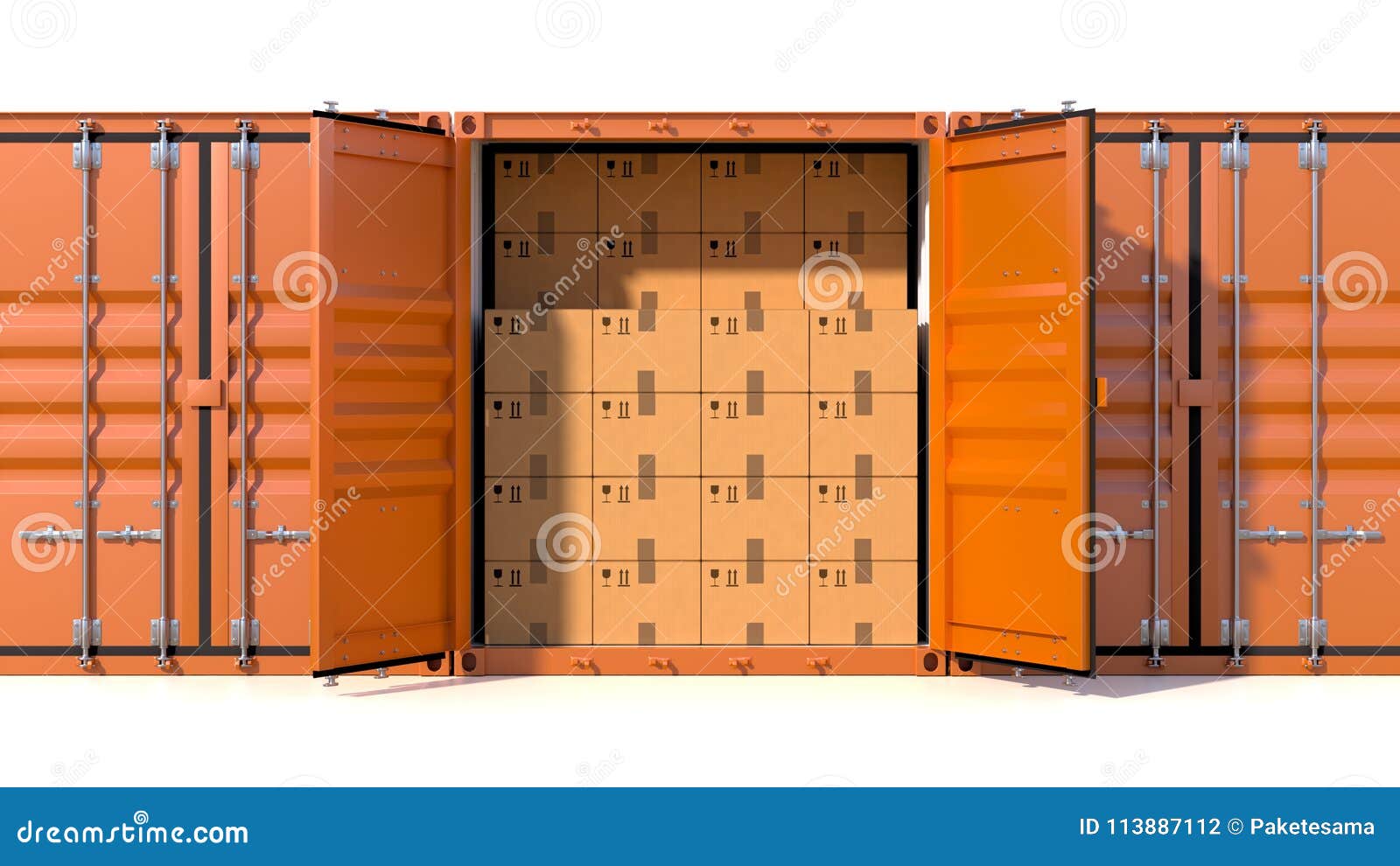 Ship Cargo Container Side View Full with Cardboard Boxes Stock ...