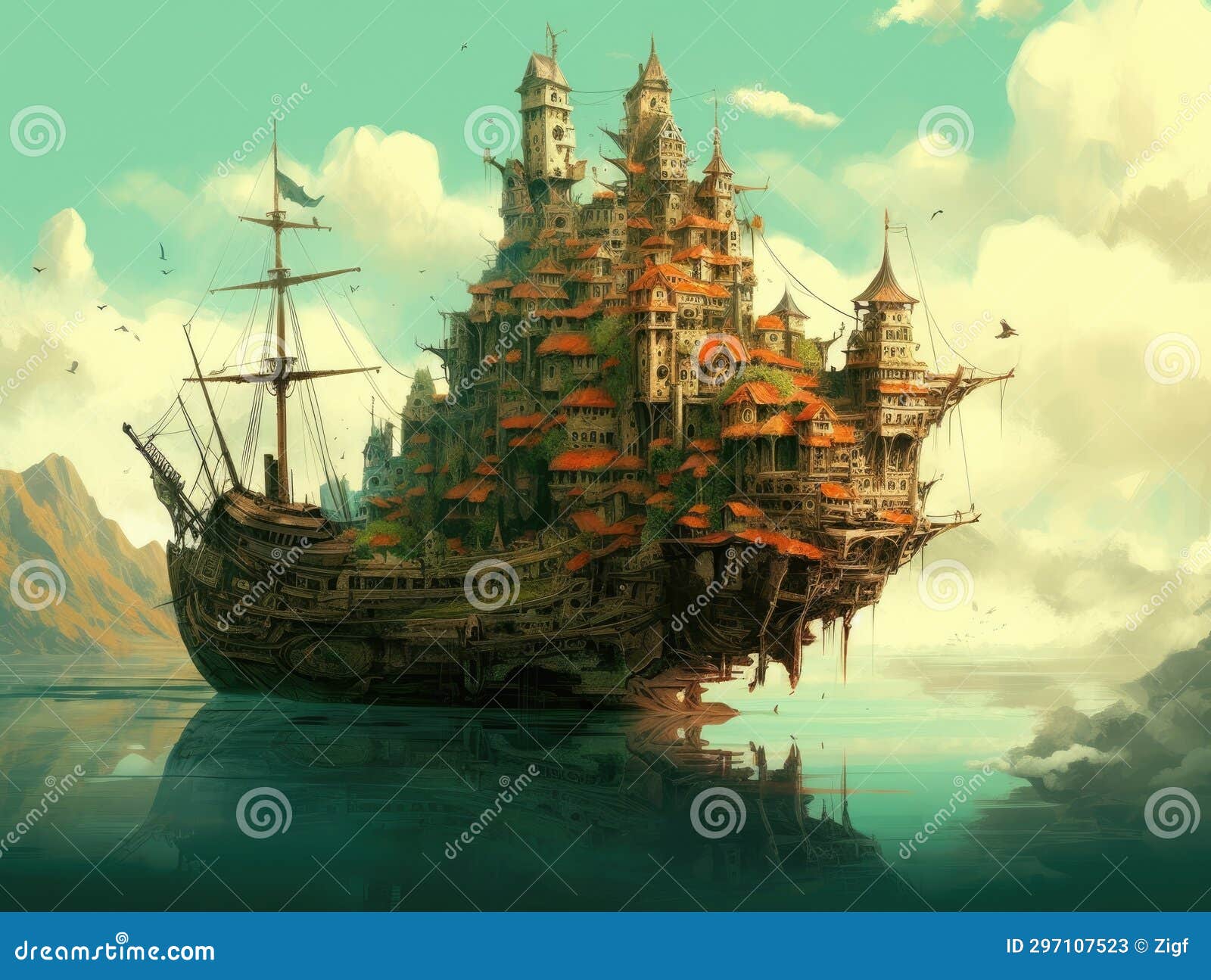 Ship with a Castle on it Floating in the Water Stock Illustration ...