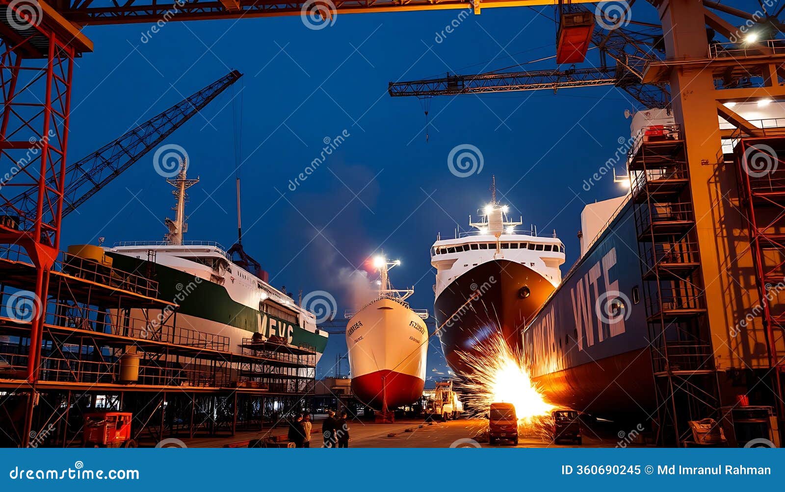 Ship Construction at Night with Cranes, Industry and Engineering Marvel ...