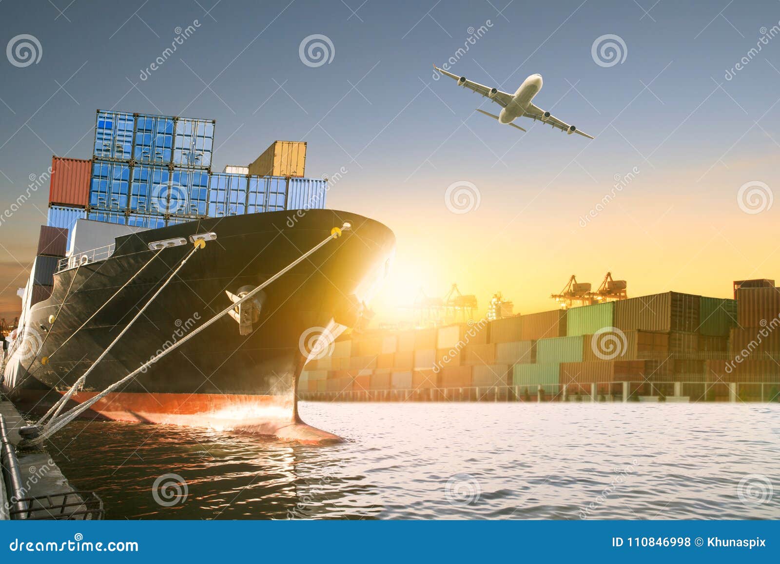 Ship and Container Box and Cargo Plane Flying Over Shipping Dock Stock ...