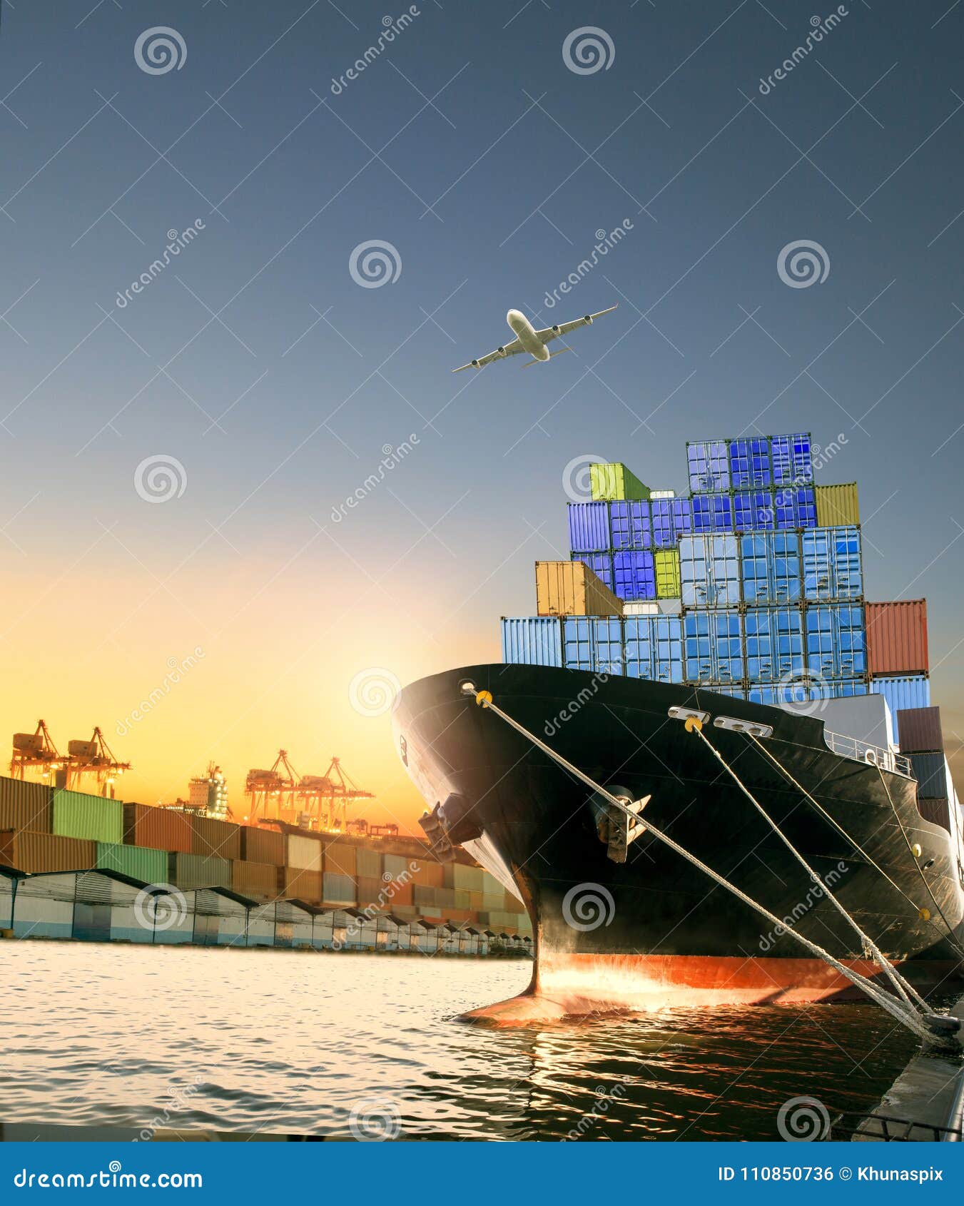 Ship and Container Box and Cargo Plane Flying Over Shipping Dock Stock ...