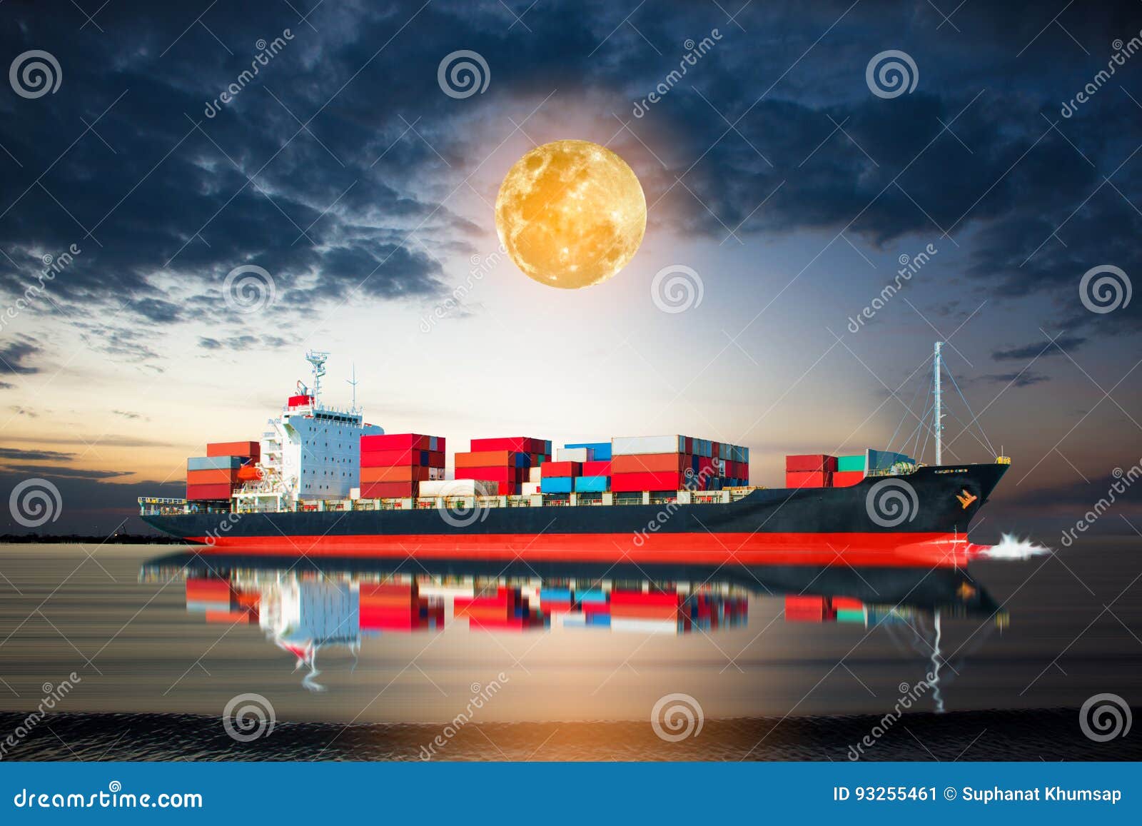 Ship with Container in the Full Moon . Stock Image - Image of bright ...