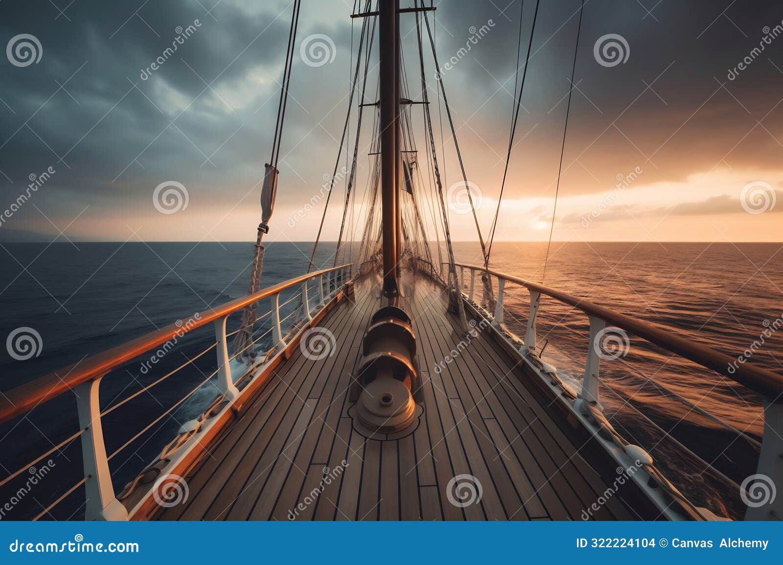 Ship Deck View at Sunset with Dark Clouds and Ropes Stock Photo - Image ...