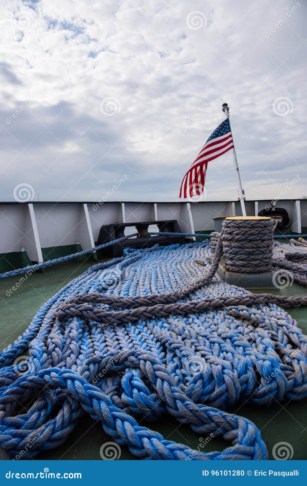 Ship Deck View With United States Flag And Blue Mooring Rope. Stock ...