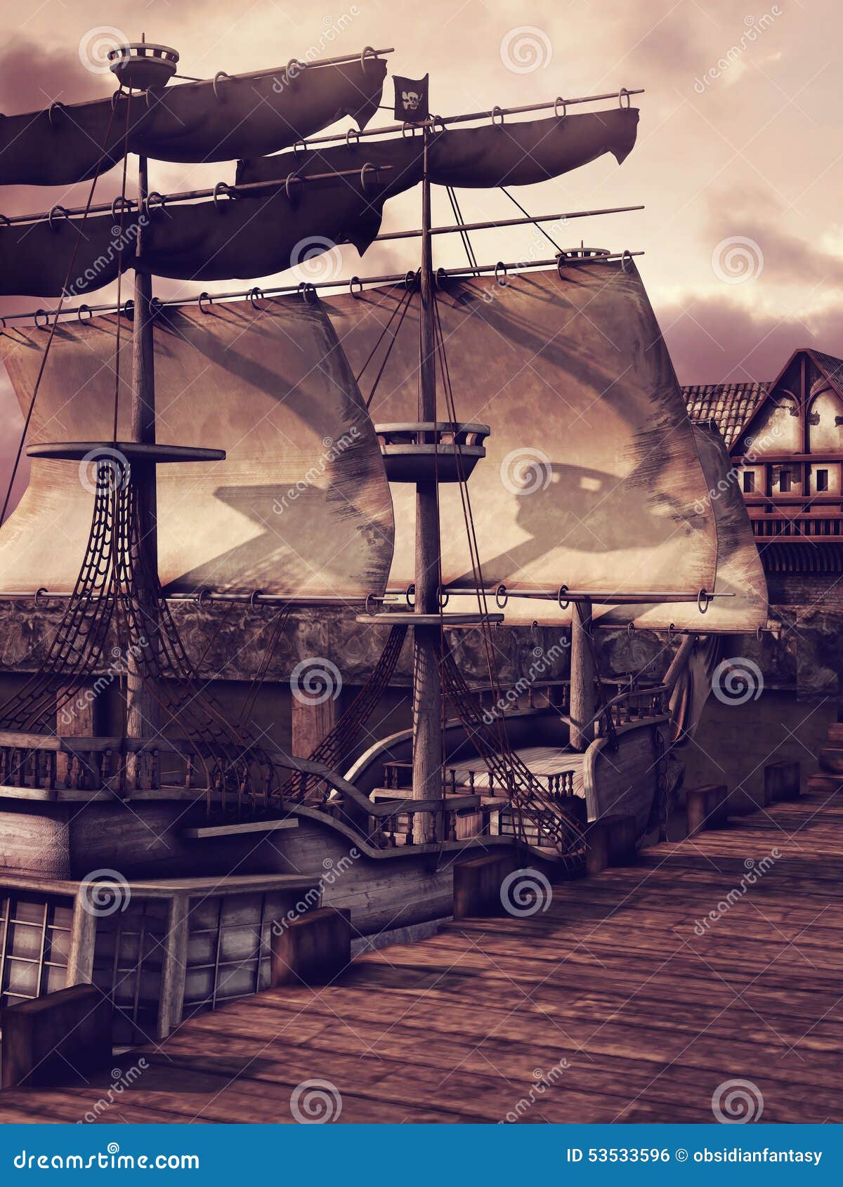 Ship in a dock stock illustration. Illustration of fantasy - 53533596