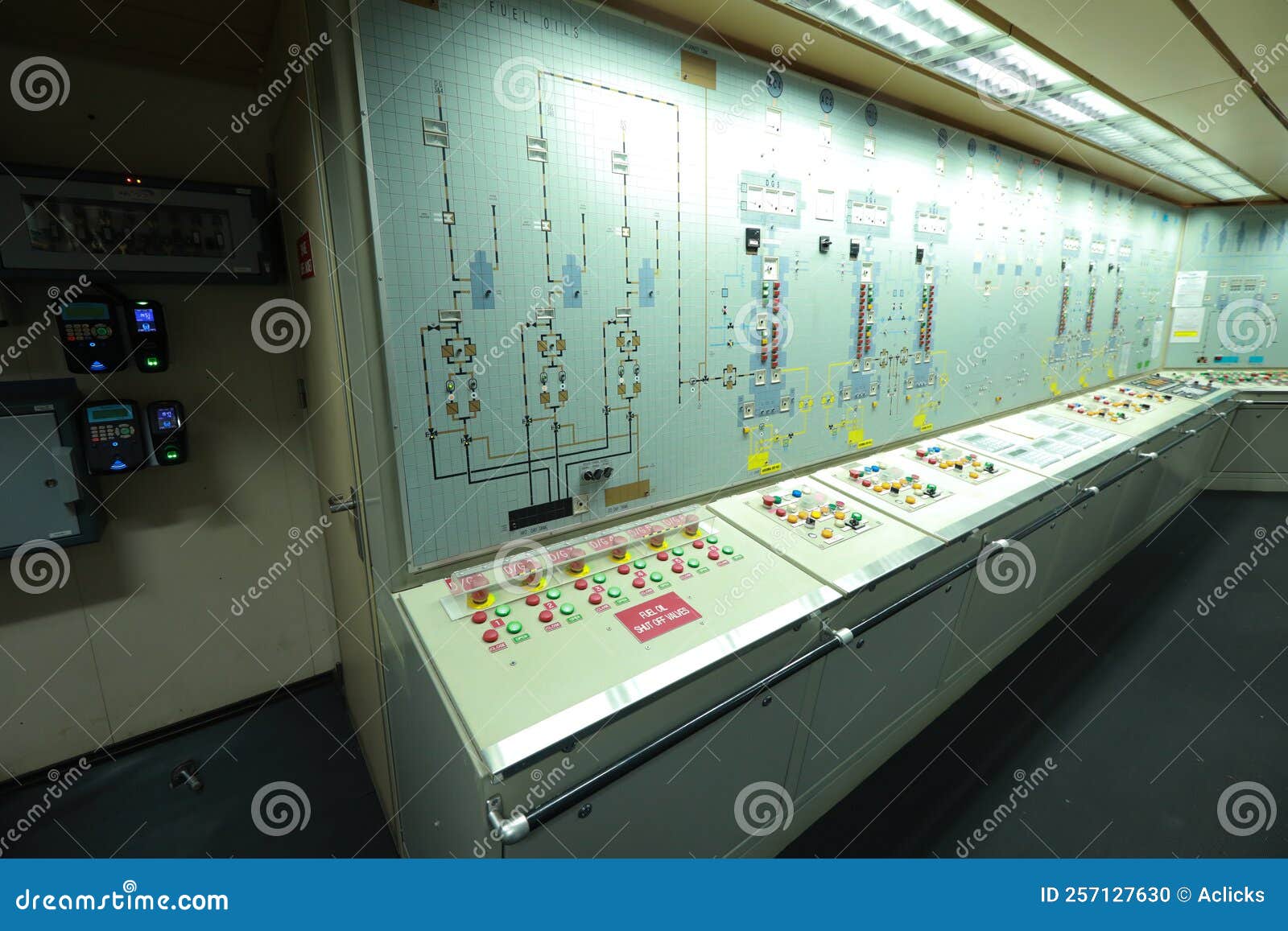 Ship Engine Room Dashboard with Plenty of Bottoms, Indicators, Small ...