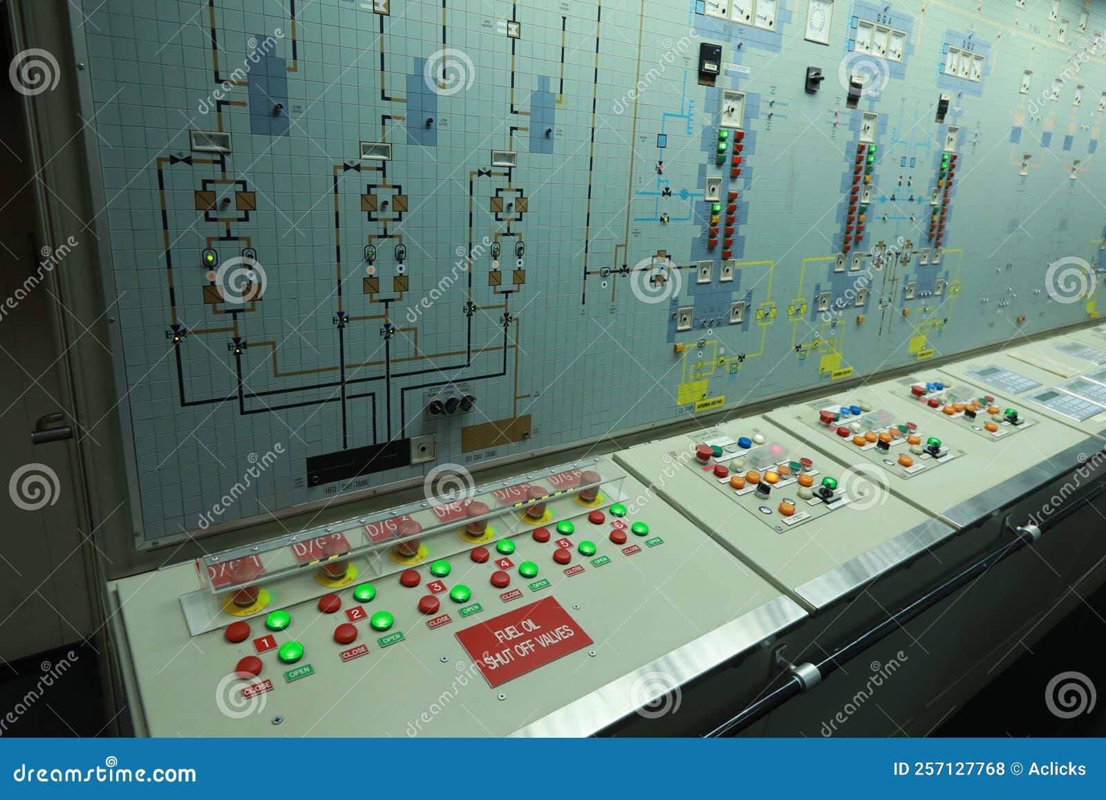 Ship Engine Room Dashboard with Plenty of Bottoms, Indicators, Small ...