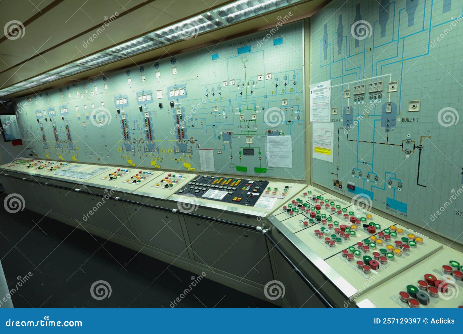 Ship Engine Room Dashboard with Plenty of Bottoms, Indicators, Small ...