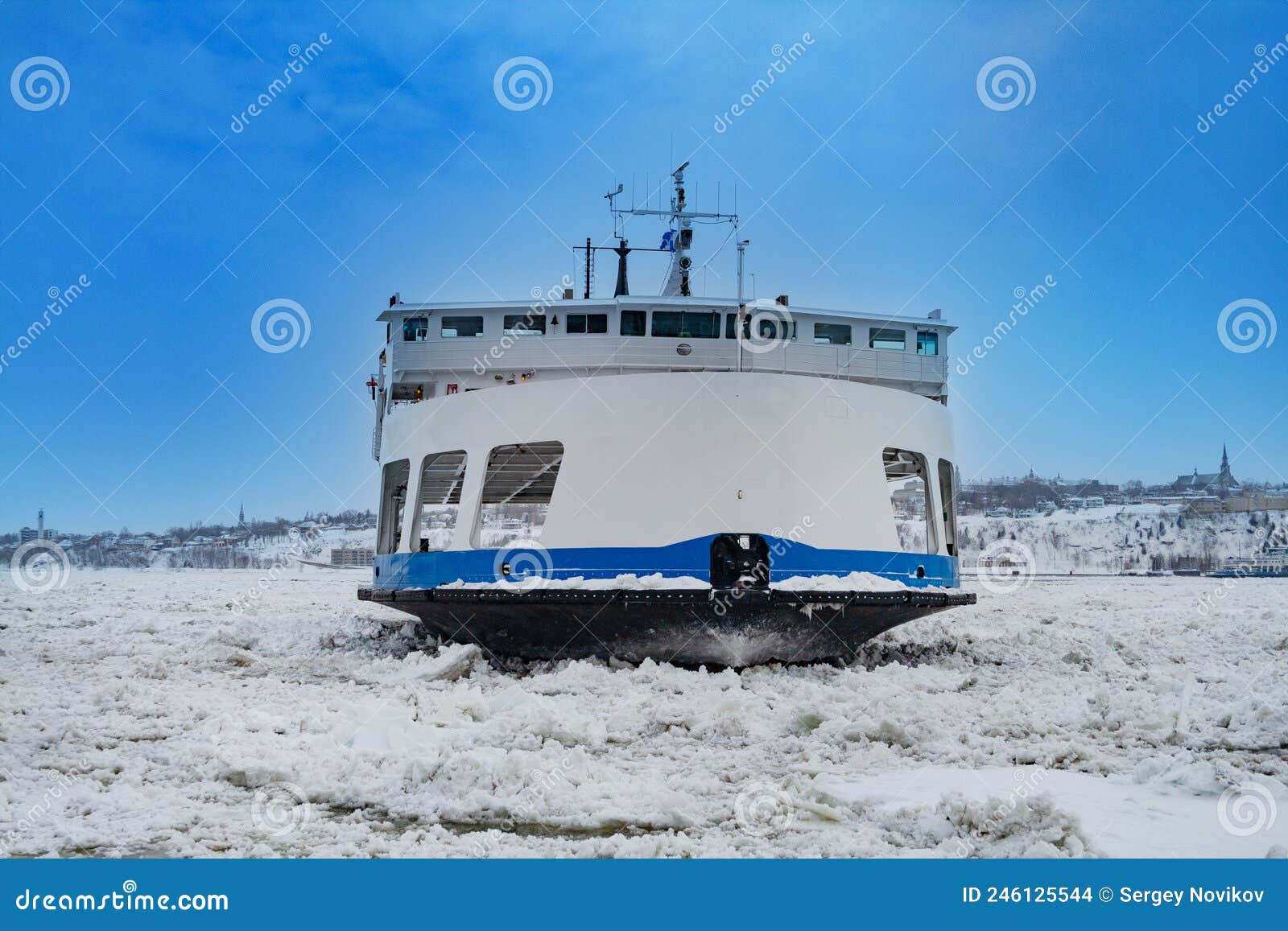 Ship Ferry Going through Ice and Snow in the Harbor Stock Photo - Image ...