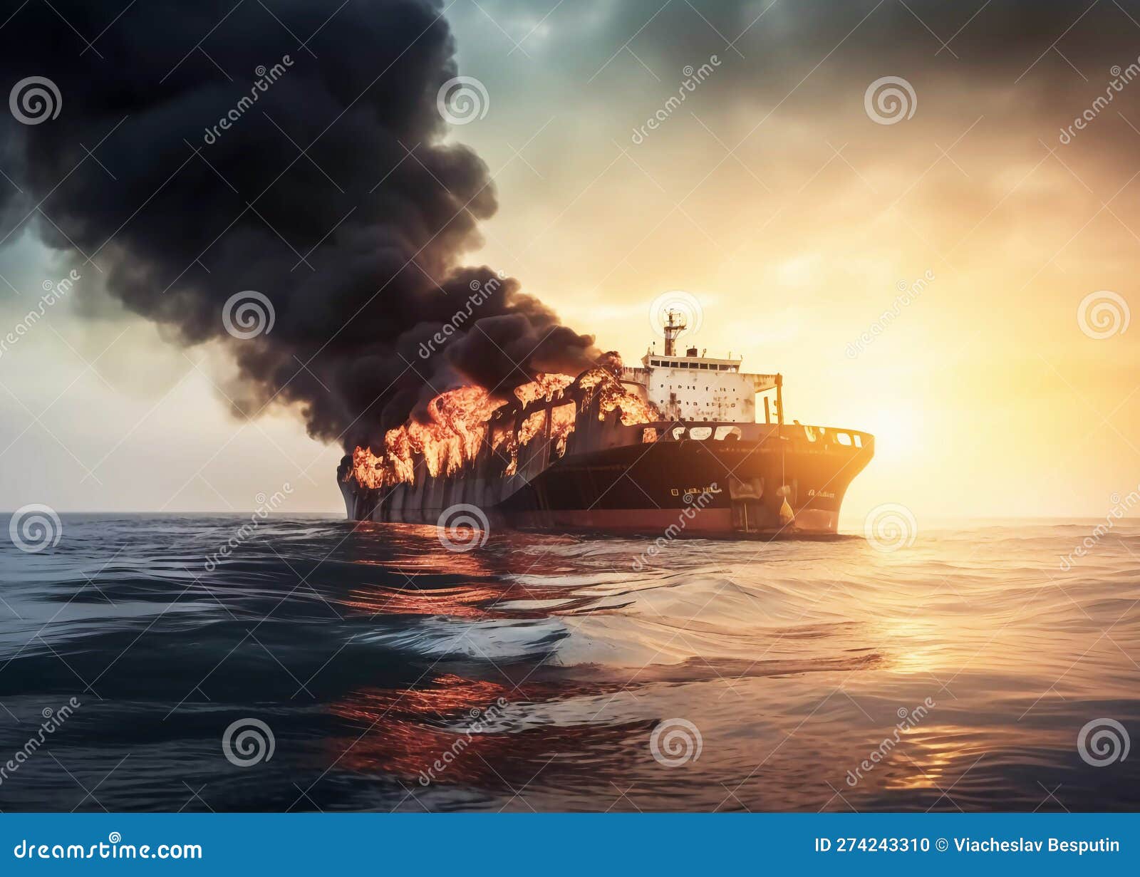 The Ship is on Fire at Sea. Fire on the Ship Stock Photo - Image of ...