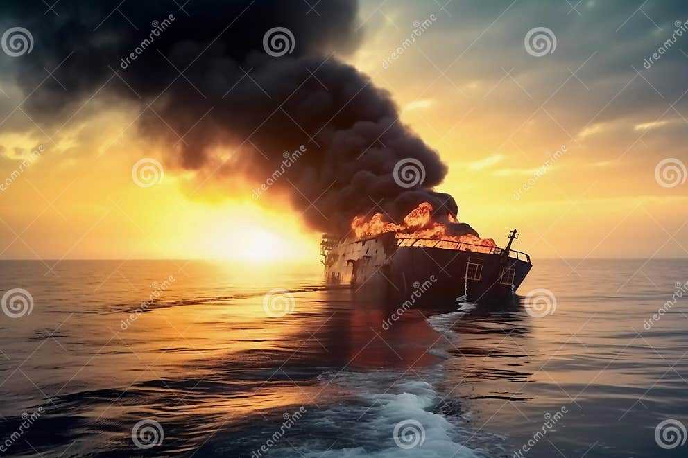 The Ship is on Fire at Sea. Fire on the Ship Stock Illustration ...