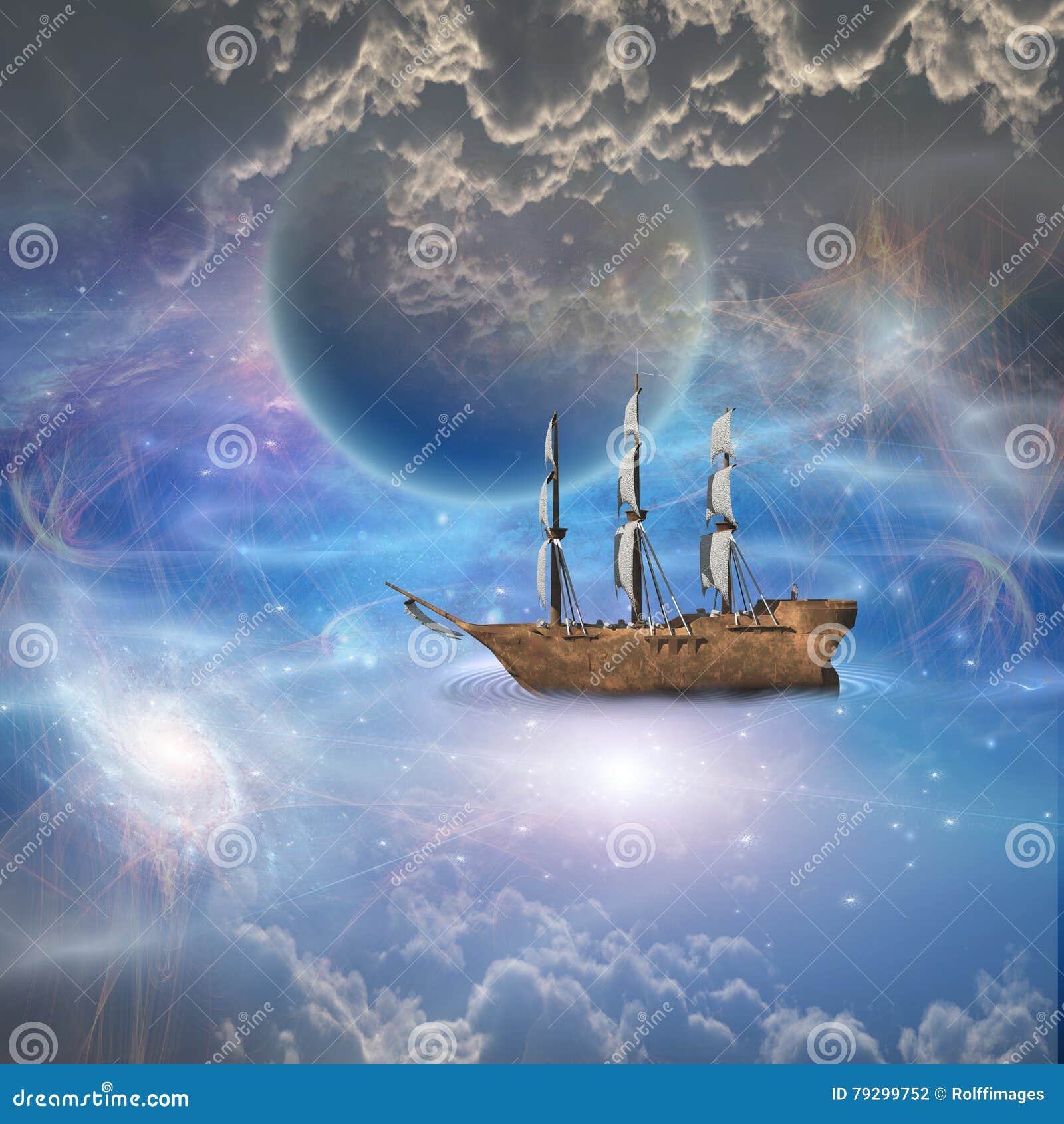 Ship with Full Sails in Fantastic Scene Stock Illustration ...