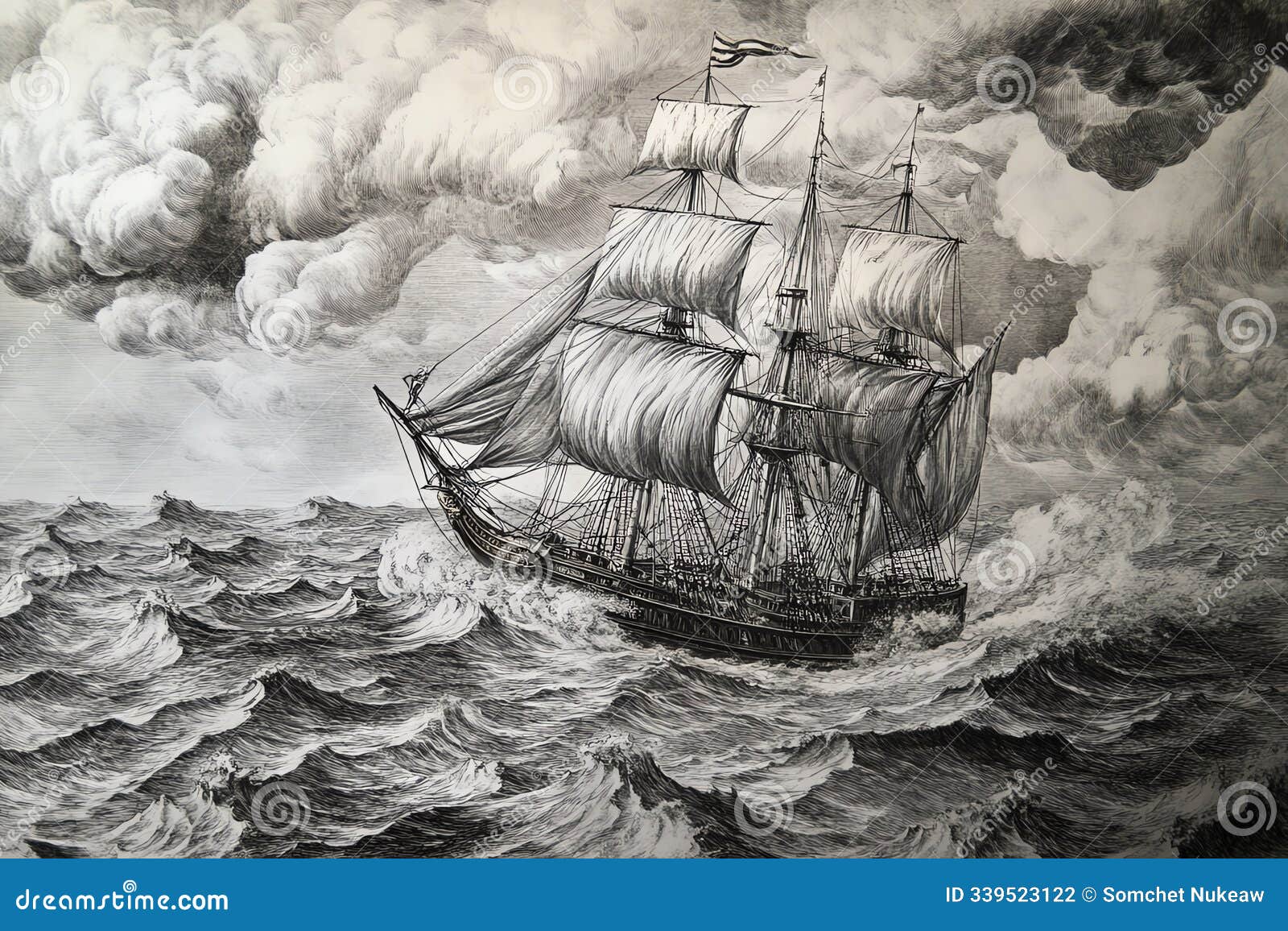 A Ship with Full Sails Navigates Choppy Seas Stock Illustration ...