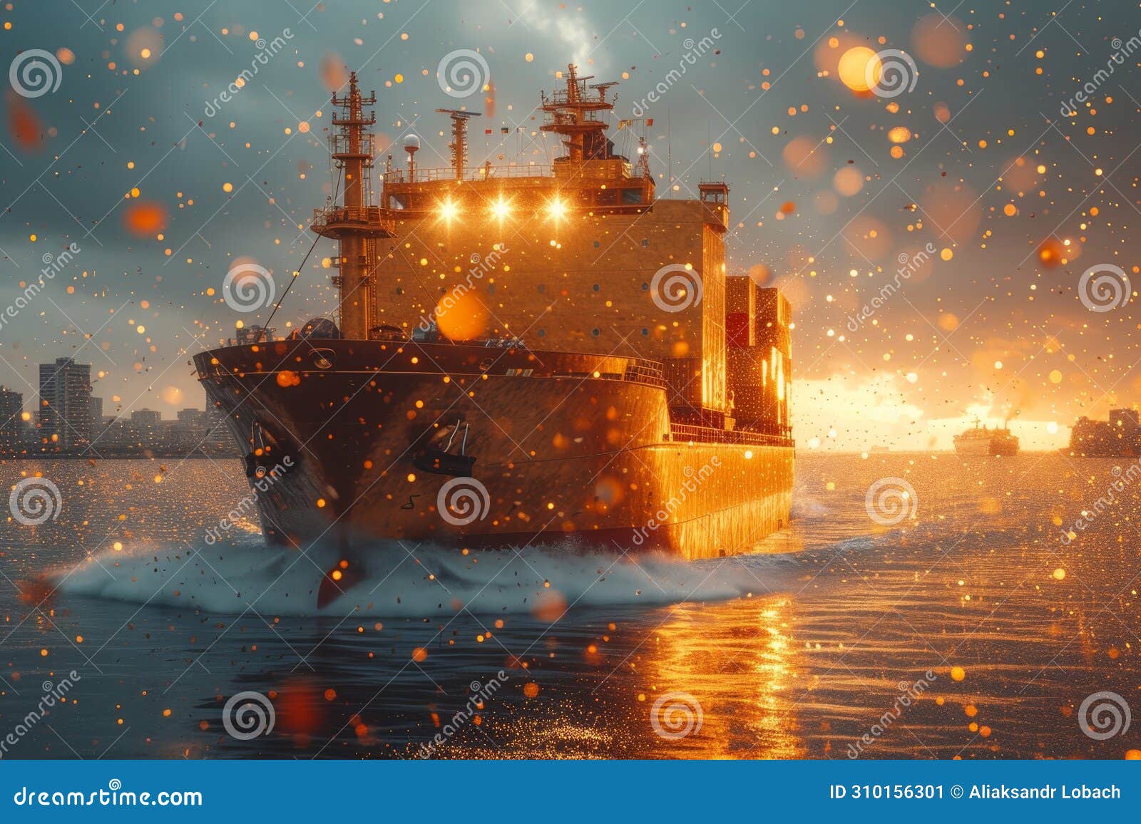 A Ship with Gold Containers Carries Cargo by Sea. Container Ship Stock ...