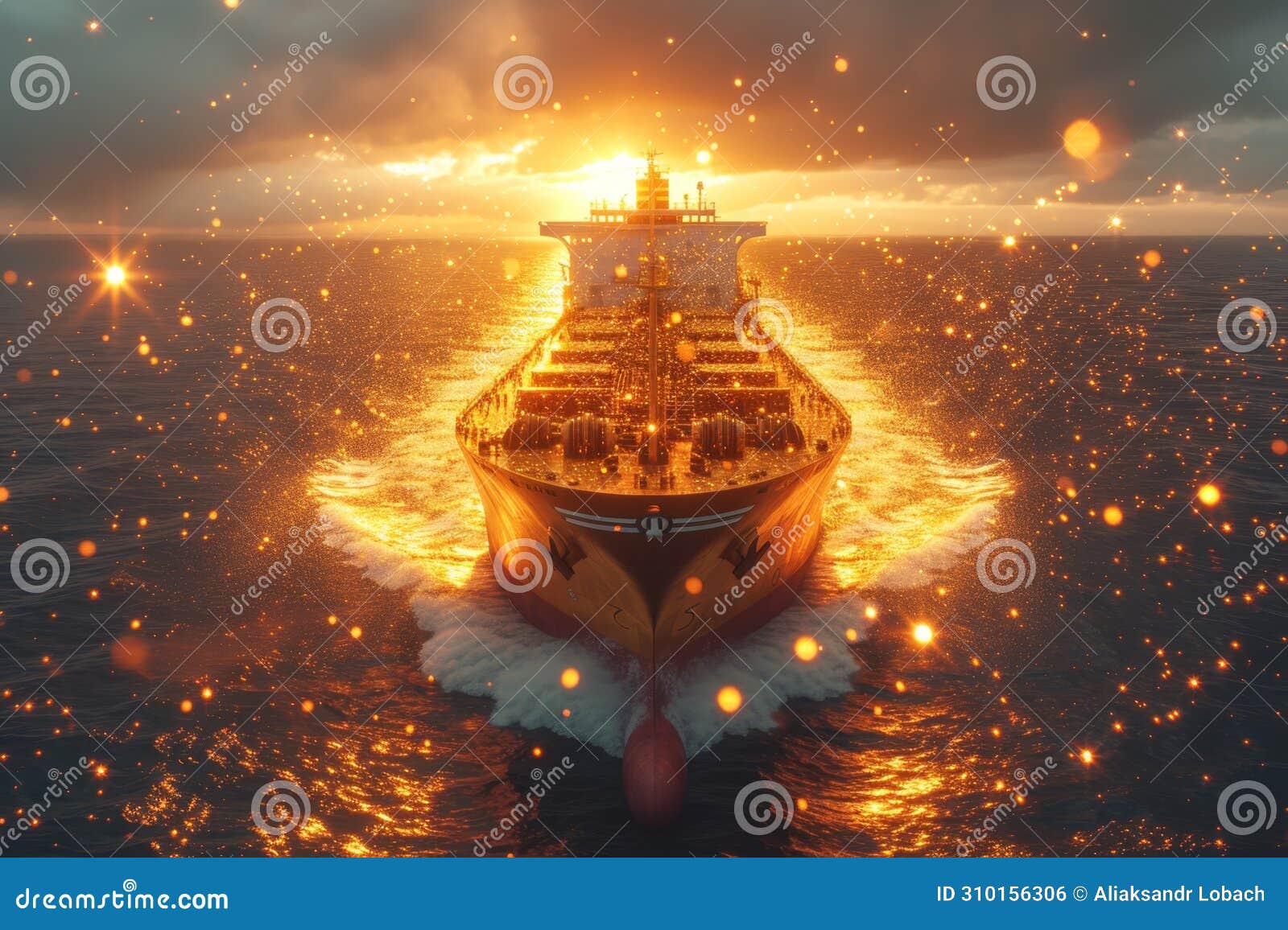 A Ship with Gold Containers Carries Cargo by Sea. Container Ship Stock ...