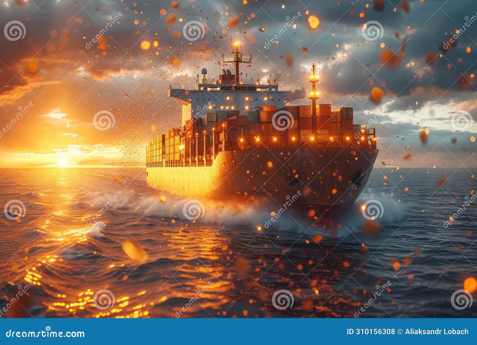 A Ship with Gold Containers Carries Cargo by Sea. Container Ship Stock ...
