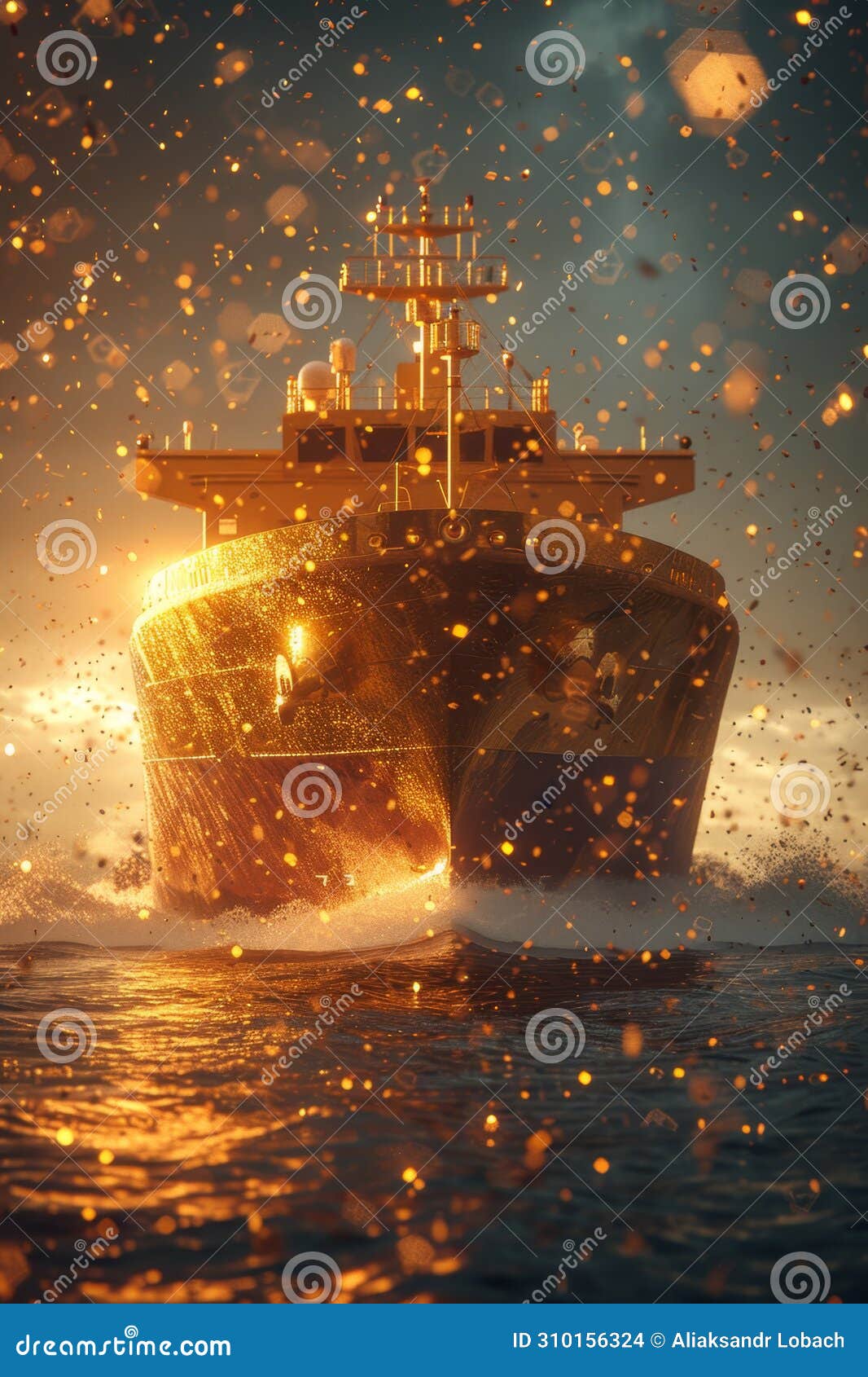 A Ship with Gold Containers Carries Cargo by Sea. Container Ship Stock ...