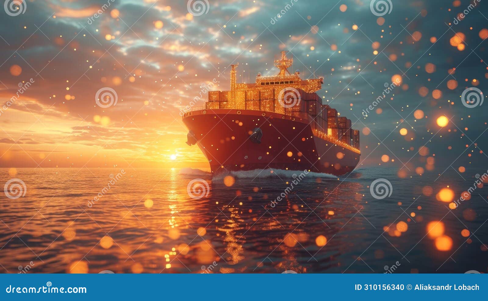 A Ship with Gold Containers Carries Cargo by Sea. Container Ship Stock ...