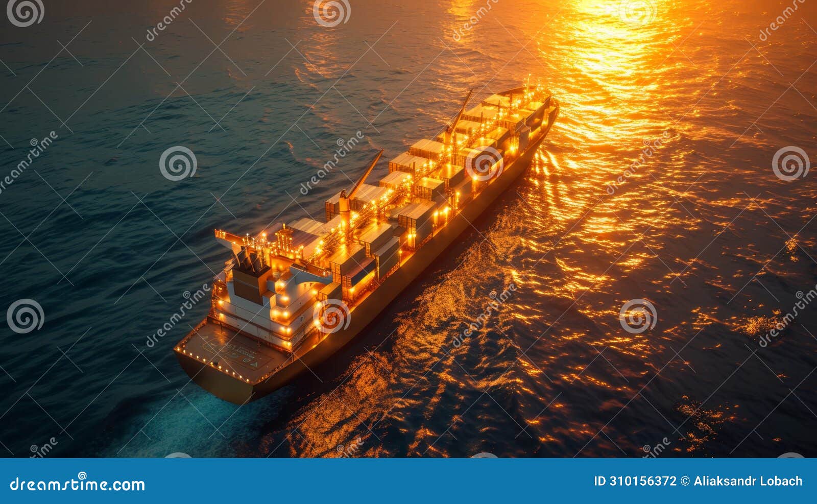 A Ship with Gold Containers Carries Cargo by Sea. Container Ship Stock ...