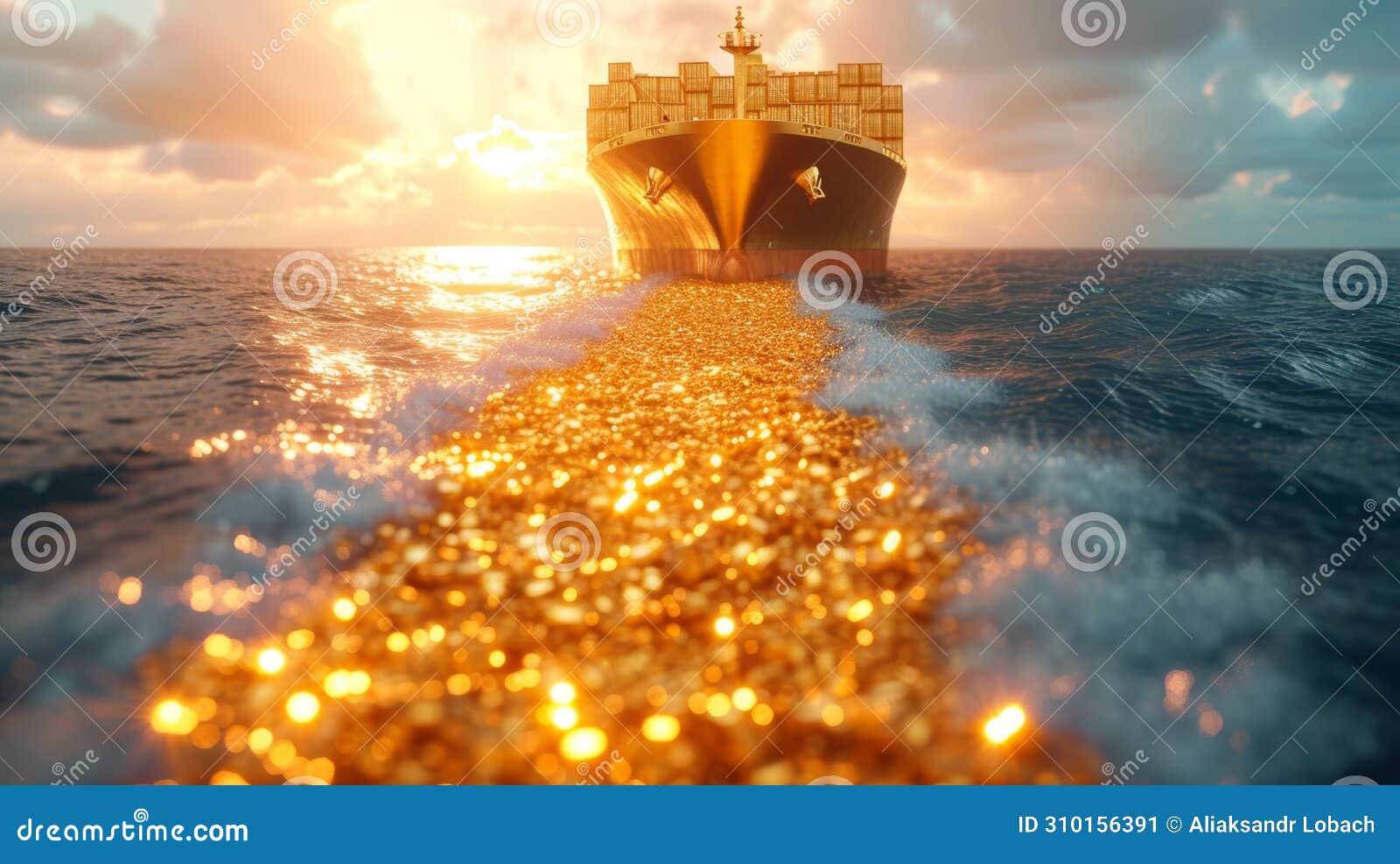 A Ship with Gold Containers Carries Cargo by Sea. Container Ship Stock ...