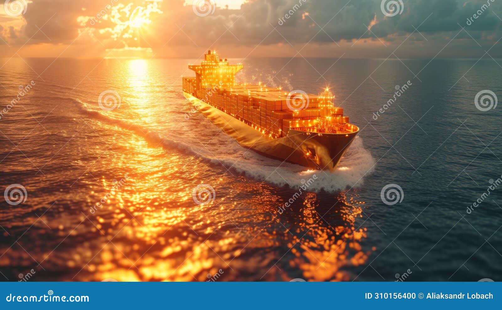 A Ship with Gold Containers Carries Cargo by Sea. Container Ship Stock ...