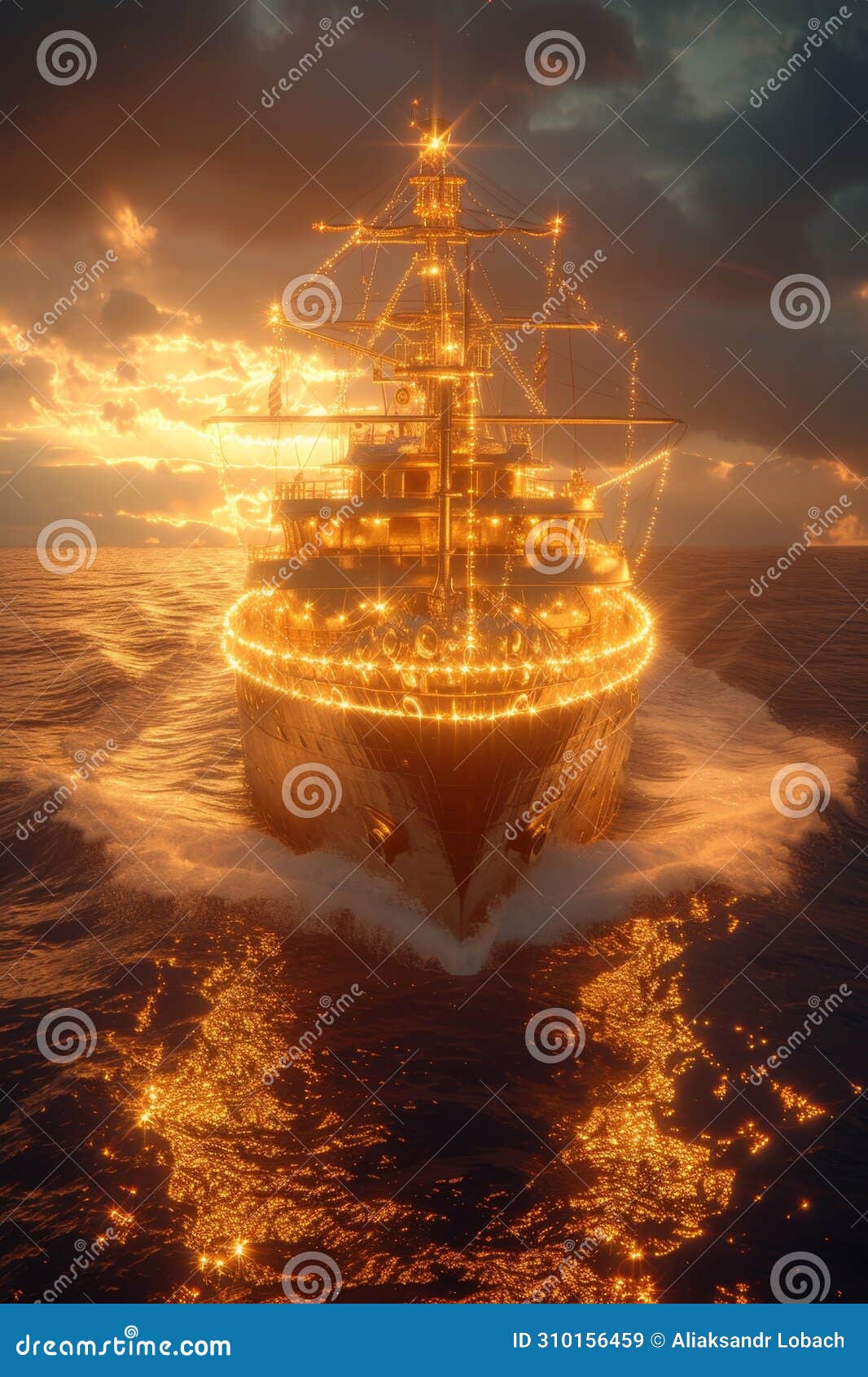 A Ship with Gold Containers Carries Cargo by Sea. Container Ship Stock ...