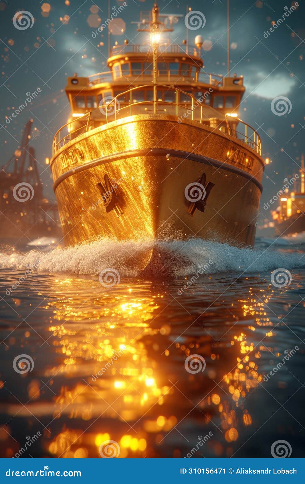 A Ship with Gold Containers Carries Cargo by Sea. Container Ship Stock ...