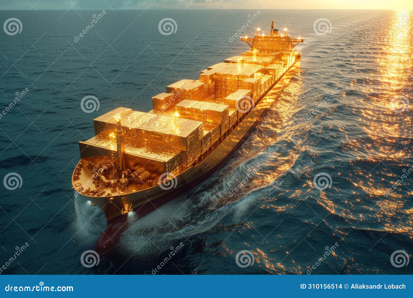 A Ship with Gold Containers Carries Cargo by Sea. Container Ship Stock ...