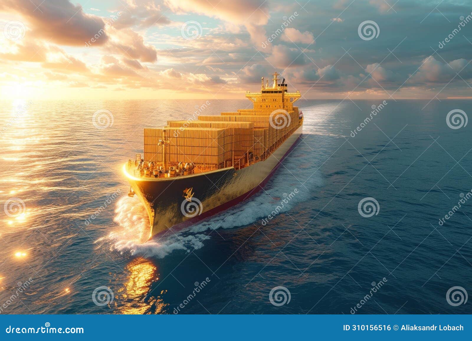A Ship with Gold Containers Carries Cargo by Sea. Container Ship Stock ...