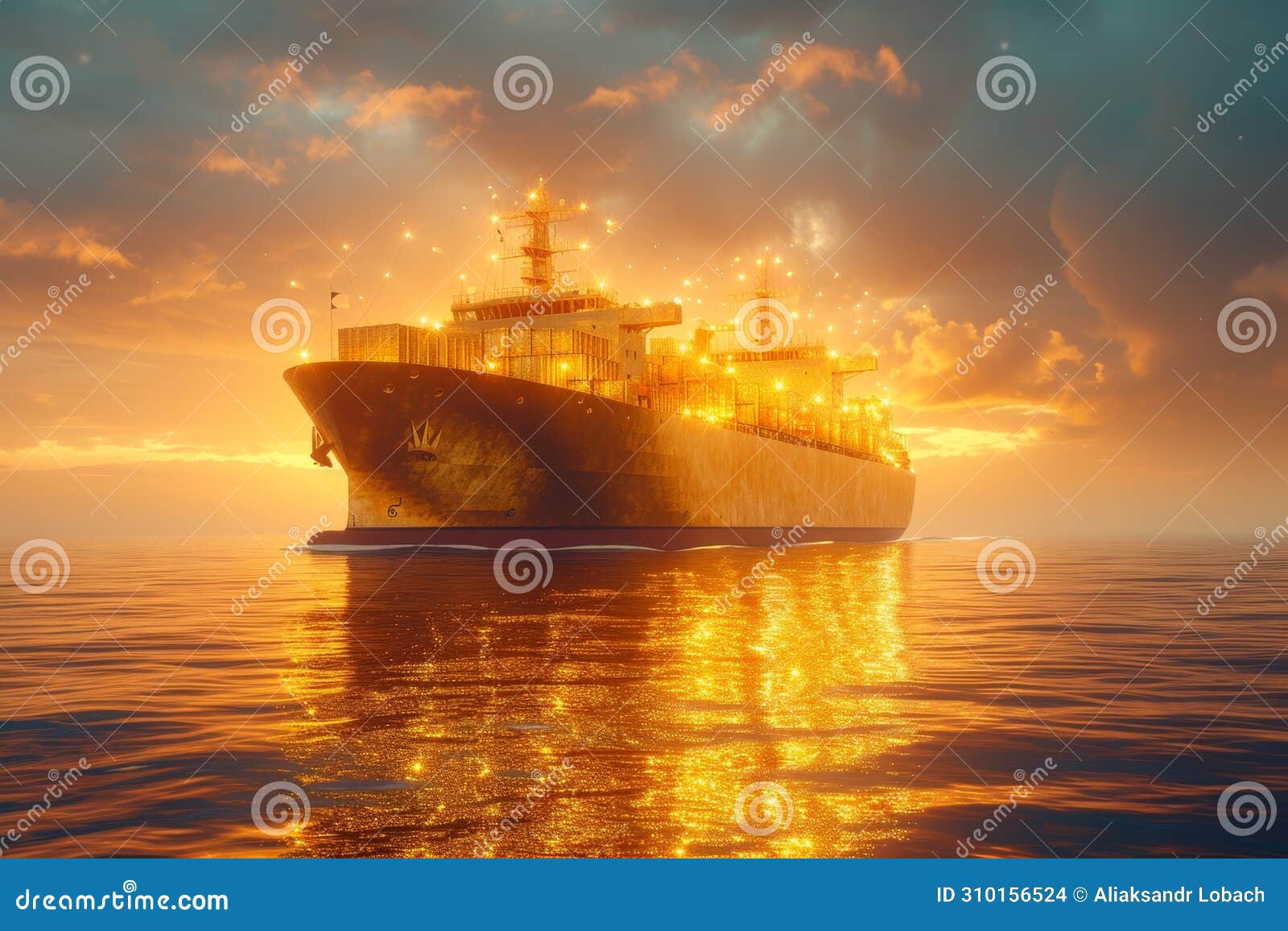 A Ship with Gold Containers Carries Cargo by Sea. Container Ship Stock ...