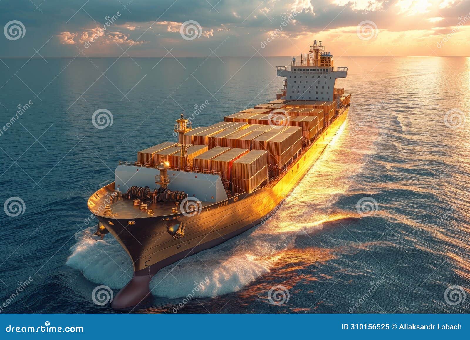 A Ship with Gold Containers Carries Cargo by Sea. Container Ship Stock ...