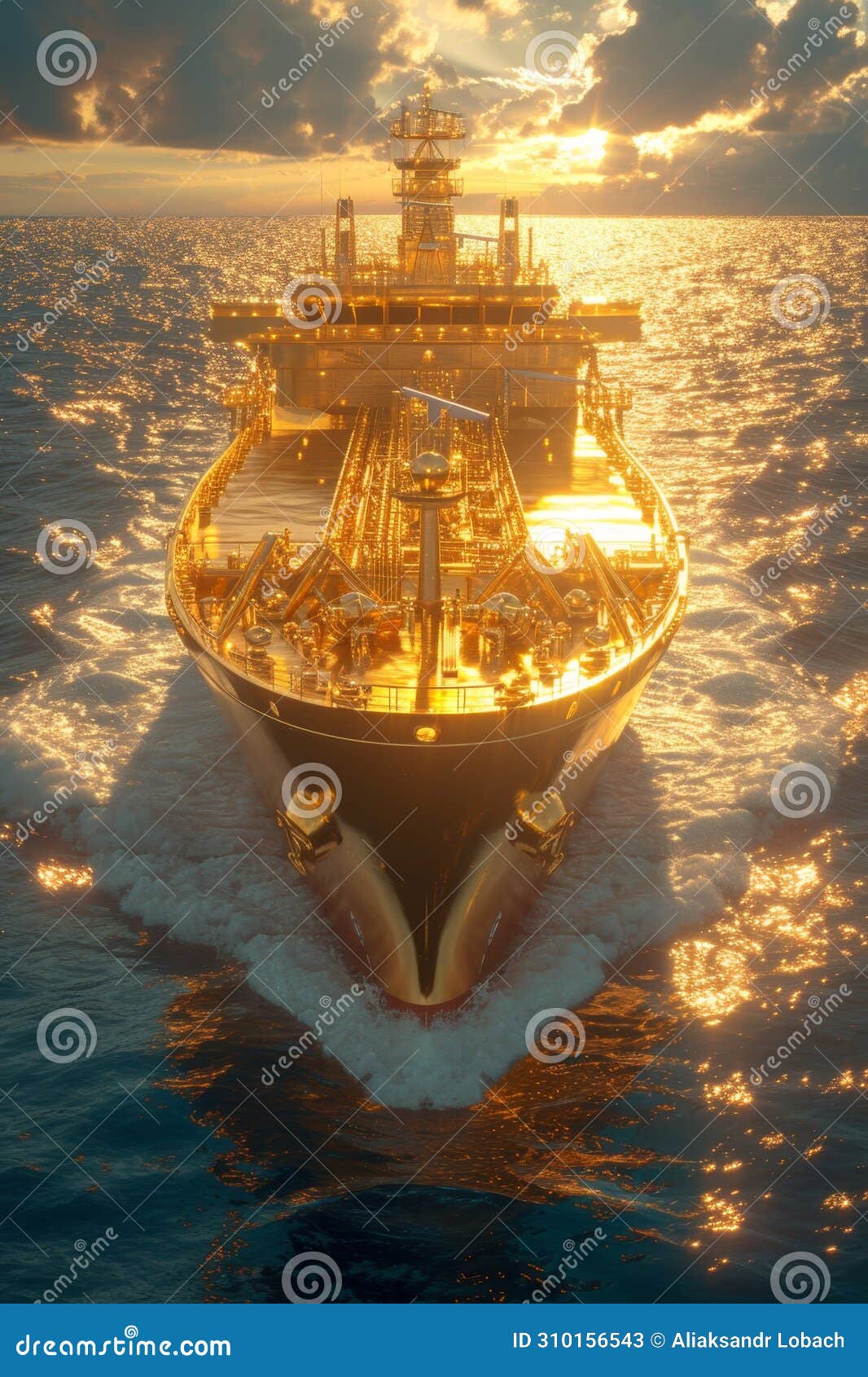 A Ship with Gold Containers Carries Cargo by Sea. Container Ship Stock ...