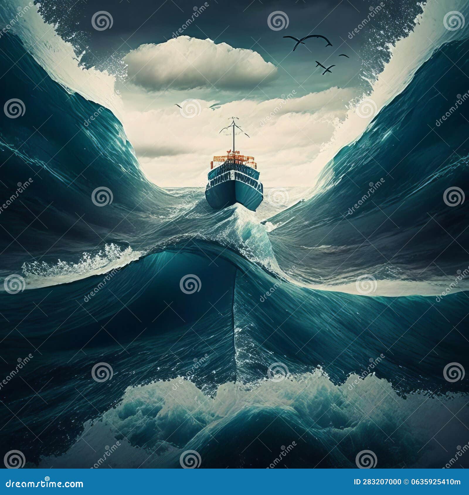 A Ship on High Waves, in a Storm. Stock Illustration - Illustration of ...